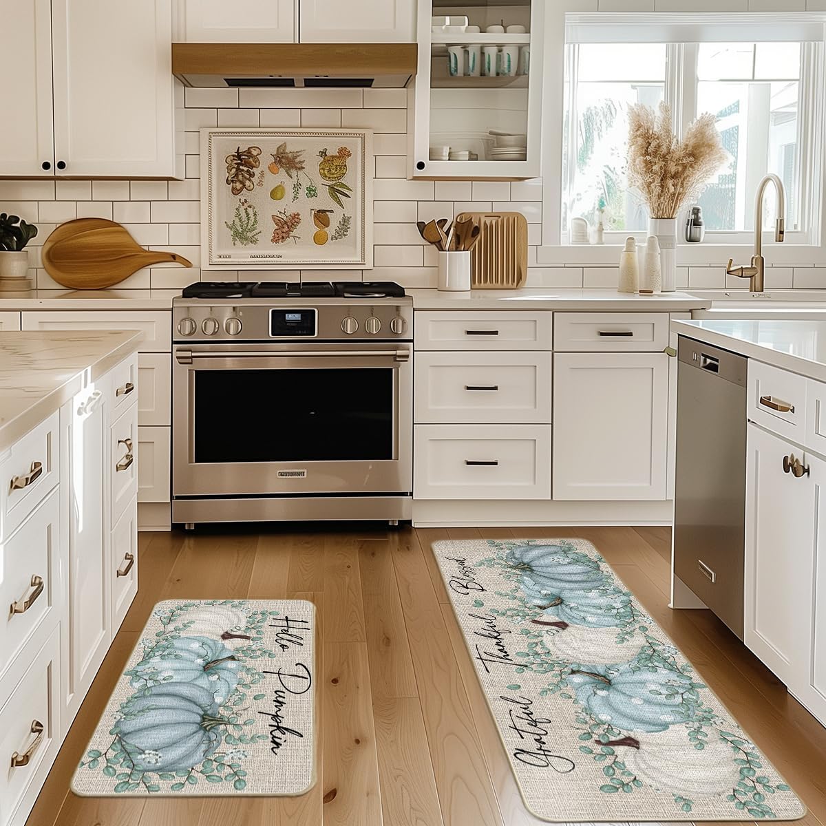 Artoid Mode Orange Maple Leaves Happy Fall Y'all Kitchen Mats Set of 2, Thanksgiving Home Decor Low-Profile Kitchen Rugs for Floor - 17x29 and 17x47 Inch