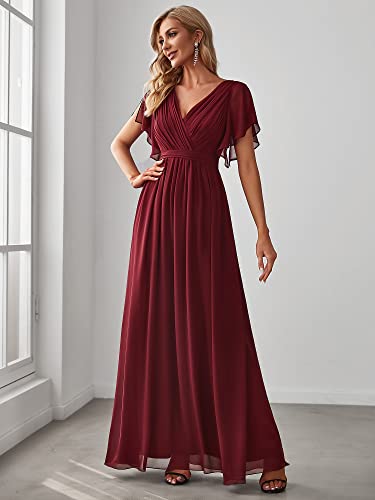 Ever-Pretty Women's Maxi A-Line V-Neck Ruffle Sleeves Summer Prom Dresses Long Burgundy US12