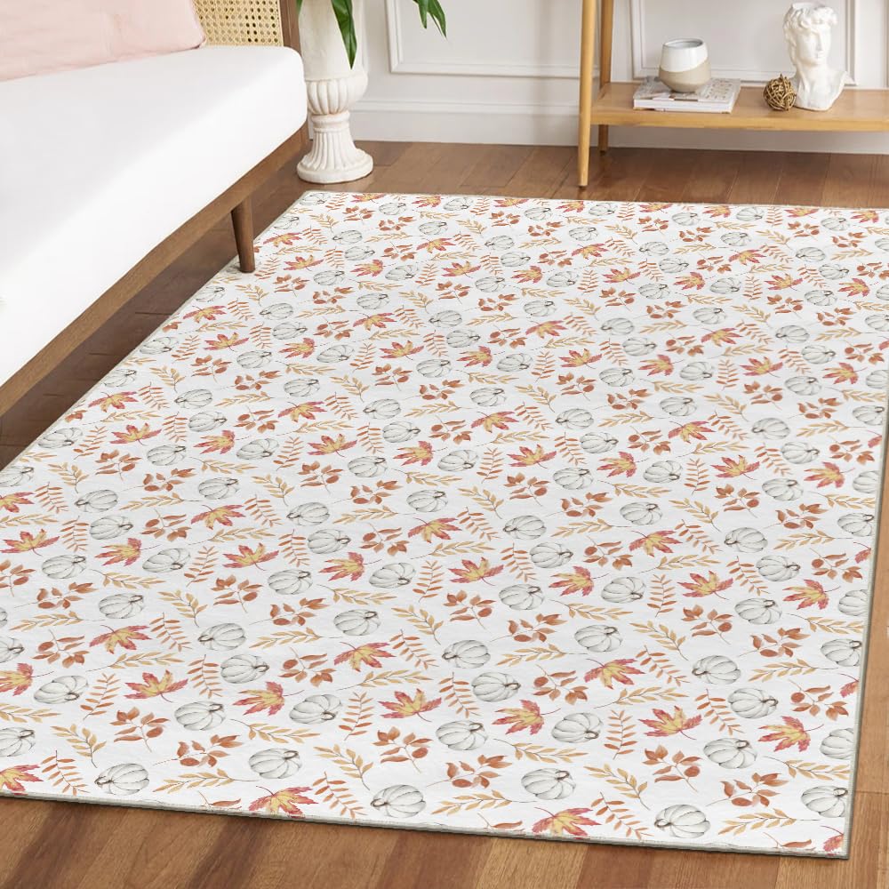 Artoid Mode Orange Pumpkins Maple Leaves Fall Area Rug, Autumn Thanksgiving Home Decor Low-Profile Washable Area Rugs for Entryway Bedroom Living Room Laundry Room Indoor 5x7 Feet