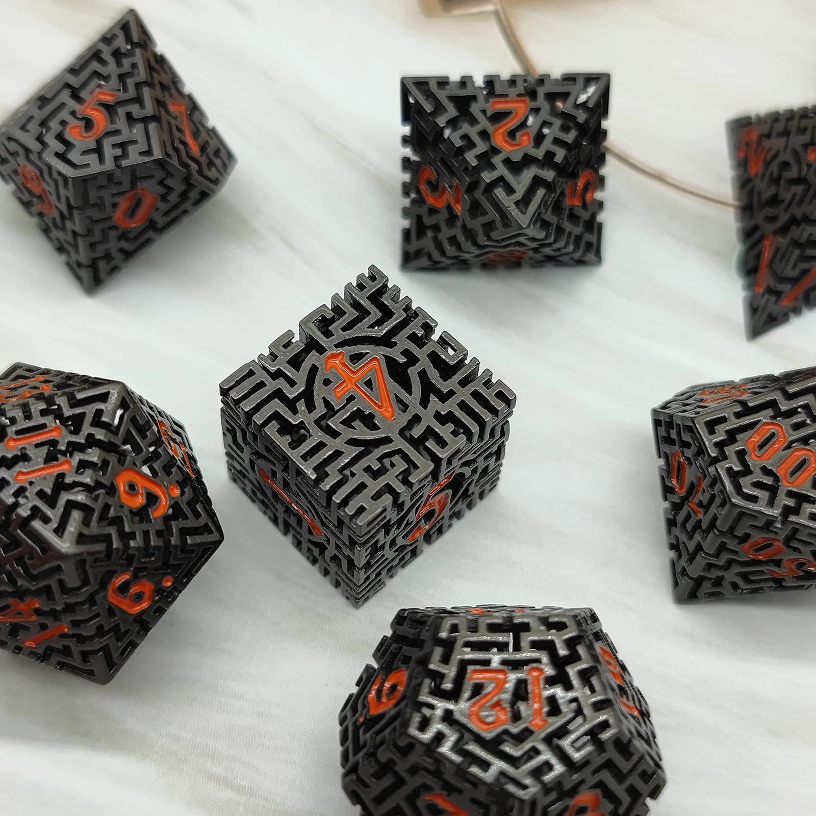 DND Metal Hollow Dice 7 Piece Set - (Free Metal Box) Maze Polyhedron Dice Suitable for Board Game RPG Math Teaching Warhammer MTG Game Dice (Pearl Gun)