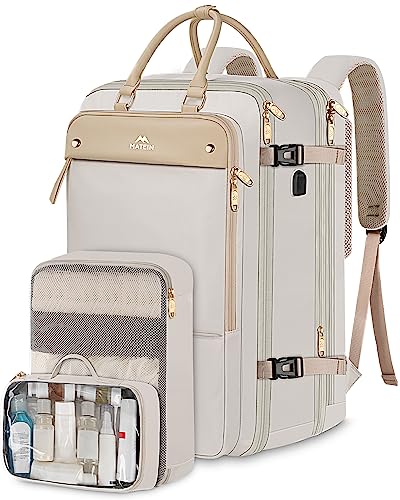 Carry on Backpack for Women, 52L TSA Travel Laptop Backpack with USB Port & Shoes Compartment Fits 17 inch Computer, Extra Large Expandable Flight Approved Weekender Bag with 2 Packing Cubes, Beige