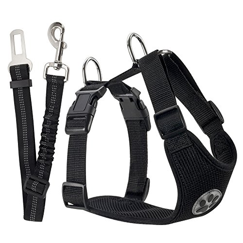 Nasus Dog Car Harness Plus Connector Strap, Adjustable Double Breathable Mesh Fabric Travel Regular Vest Harness with Safety Seat Belt in Cars Vehicle for Dogs Road Trip Daily Walks (Small, Black)
