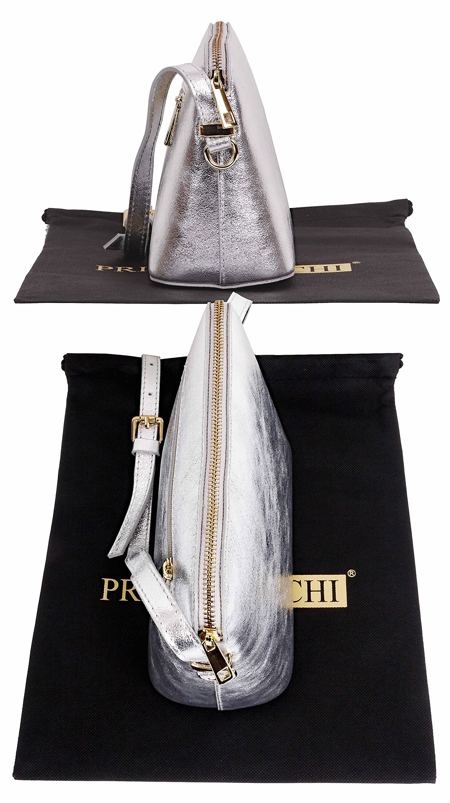 PRIMO SACCHI Ladies Italian Textured Metallic Silver Leather Small Triangular Shoulder Crossbody Bag