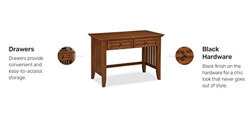 Home Styles Arts and Crafts Mission Style Student Desk Crafted from Hardwoods with Cottage Oak Finish, Black Finished Hardware, Slightly Flared Legs, Two Storage Drawers, Without Hutch