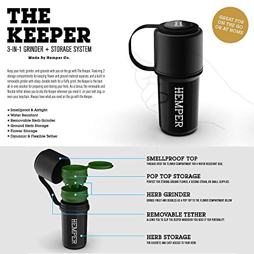 HEMPER Keeper 3-IN-1 Grinder + Storage System with Smell Proof Storage With Travel Ready Tether Strap | Lightweight