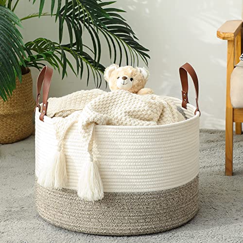 KAKAMAY Large Cotton Rope Blanket Basket (20"x13"),Woven Baby Laundry Hamper,Blanket Basket for Nursery, Laundry, Living Room, Pillows, Toys with Handles (White/Beige/Grey)