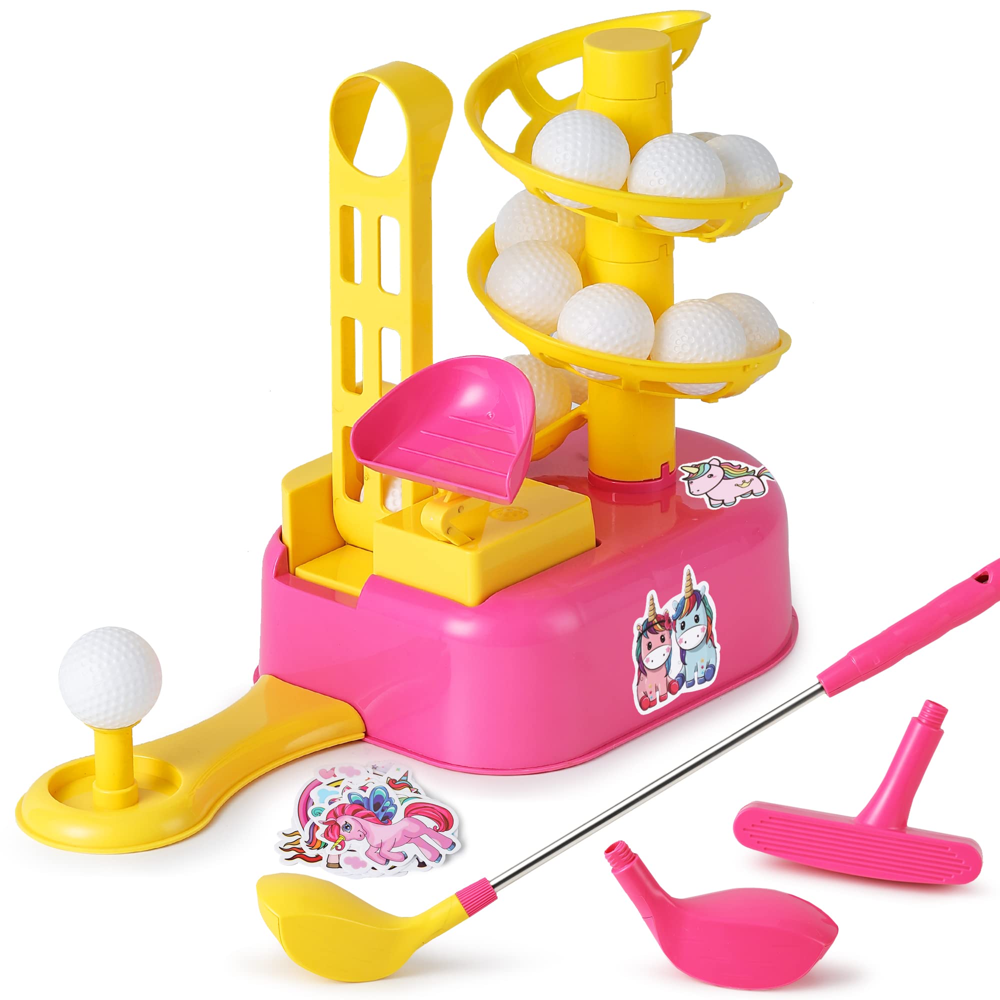 iPlay, iLearn Golf Toys Set for 3 4 Year Olds Girl, Toddler Outdoor Sport Gift, Kids Pink Outside Playset W/Left Right Club Head 15 Balls Unicorn Sticker, Active Birthday Gifts for Age 5 6 7 8 Child