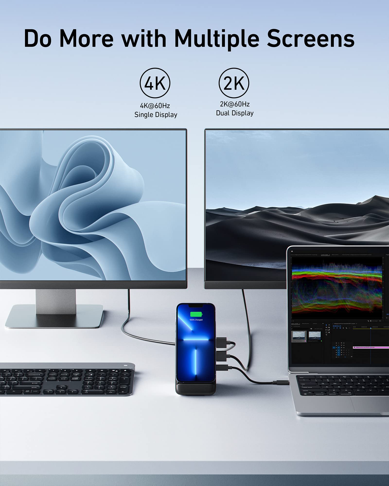 Anker 651 USB-C Dock, 8-in-1 Docking Station, Qi-Certified 10W Max Wireless Charging, Single 4K, Dual 2K Display, Compatible with iPhone 13/12 Series, Samsung S22, Pixel 4/3, and More