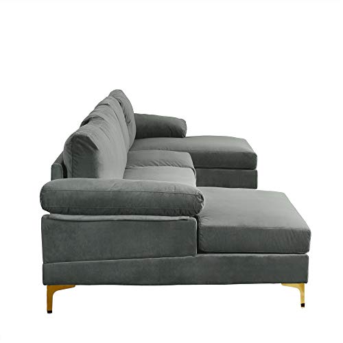 Casa Andrea Milano Modern Large Velvet Fabric U-Shape Sectional Sofa, Double Extra Wide Chaise Lounge Couch with Gold Legs, Dark Grey