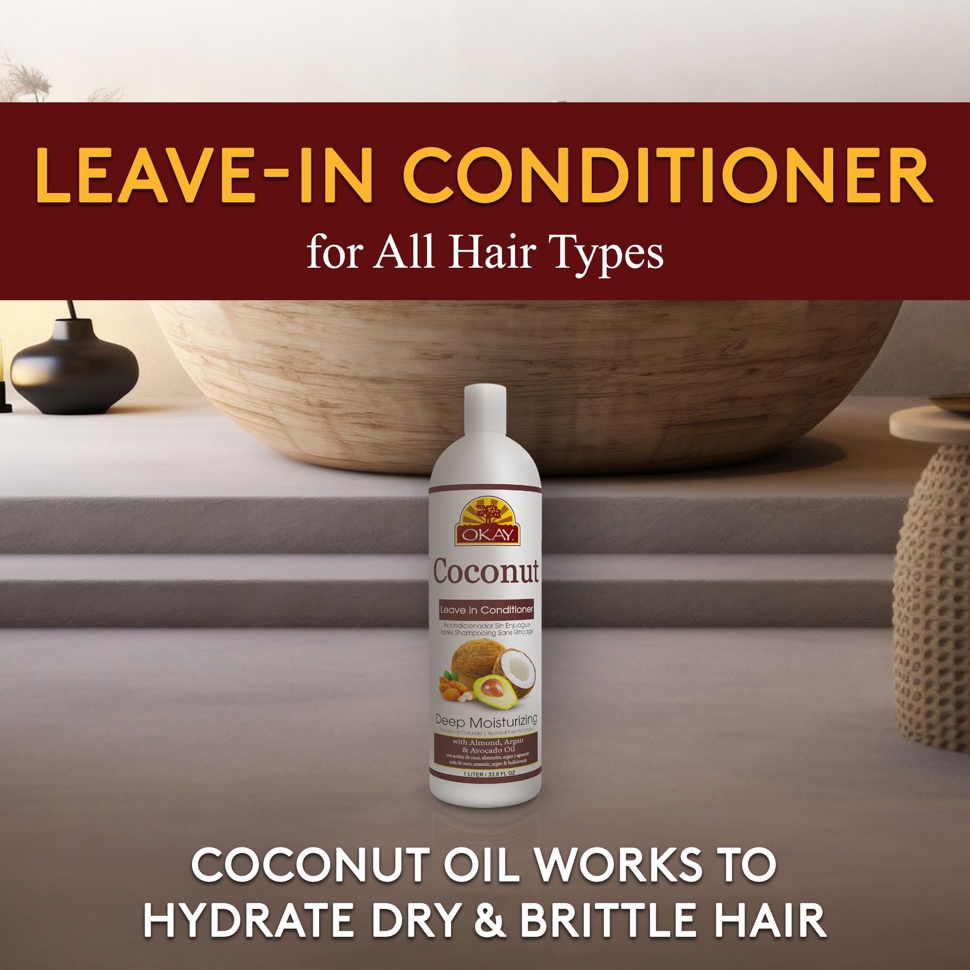 OKAY Coconut Deep Moisturizing Leave In Conditioner Helps Replenish Moisture And Elasticity For Healthy Strong Hair Sulfate,Silicone,Paraben Free For All Hair Types and Textures Made in USA 33oz