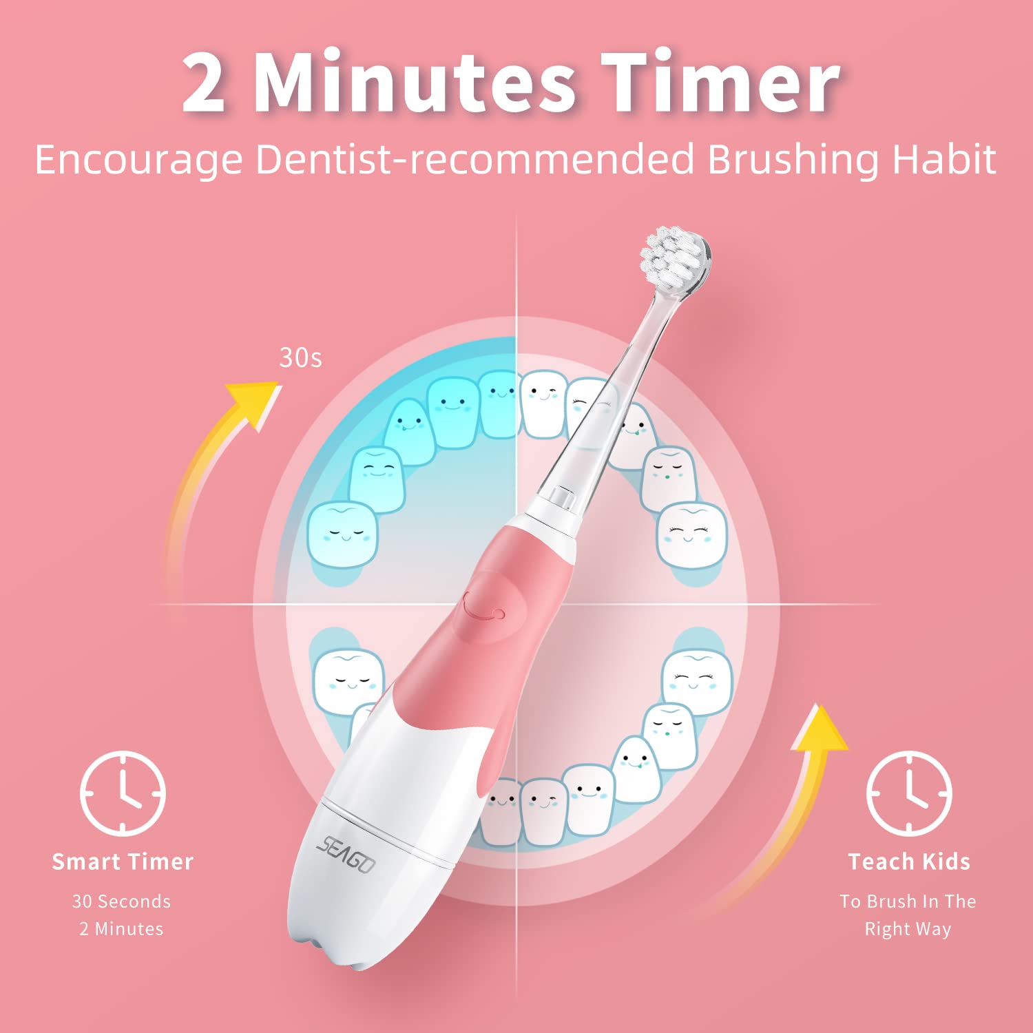SEAGO Baby Electric Toothbrush SG-513AC with 4 Replacement Heads (Pink-A)