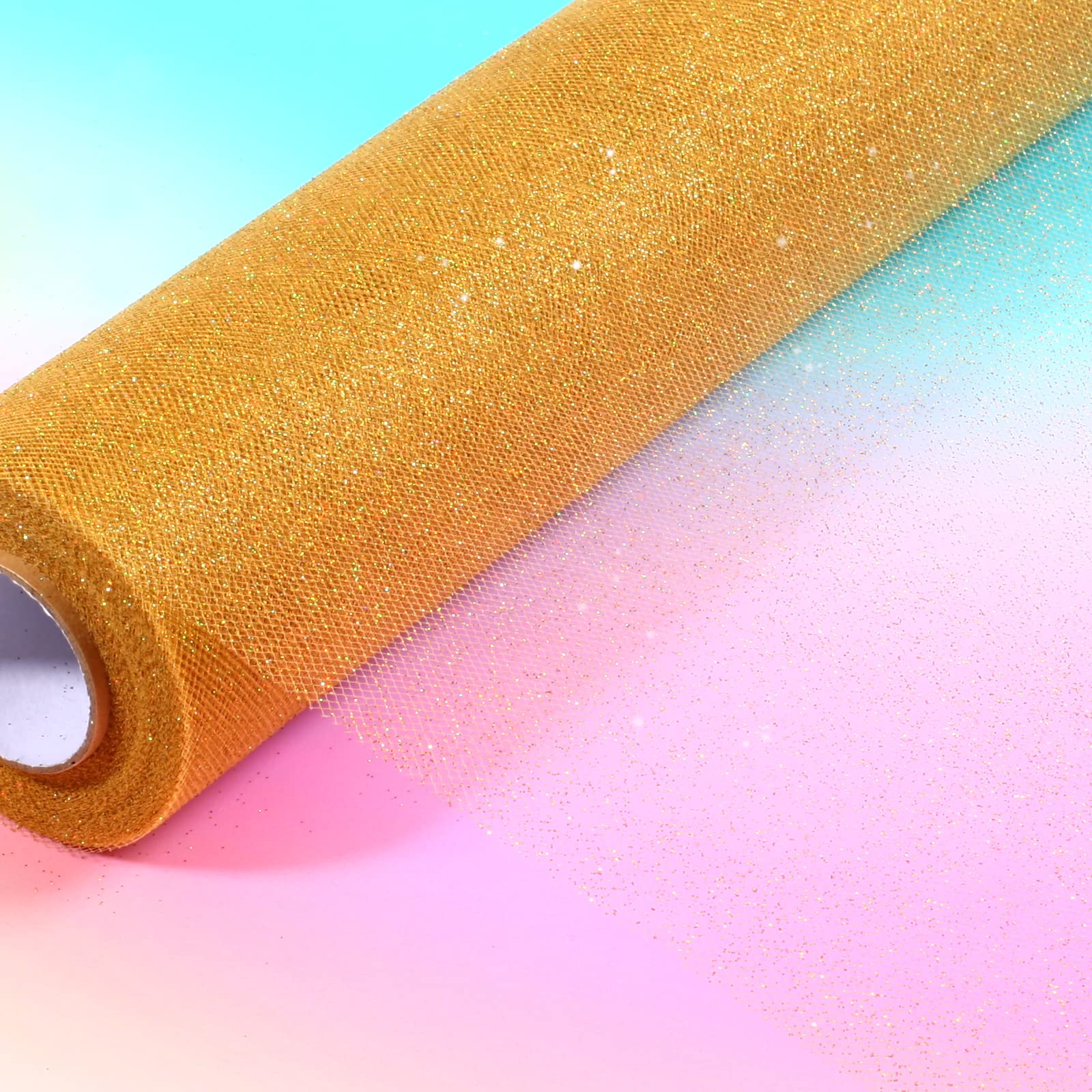 ICOSHOW Sparkling Tulle Rolls, 15β by 30 Yards (90FT) Glitter Tulle Spool Ribbon Fabric for Wedding Birthday Bridal Shower Tutu Skirt Party Gift Wrapping (Gold)