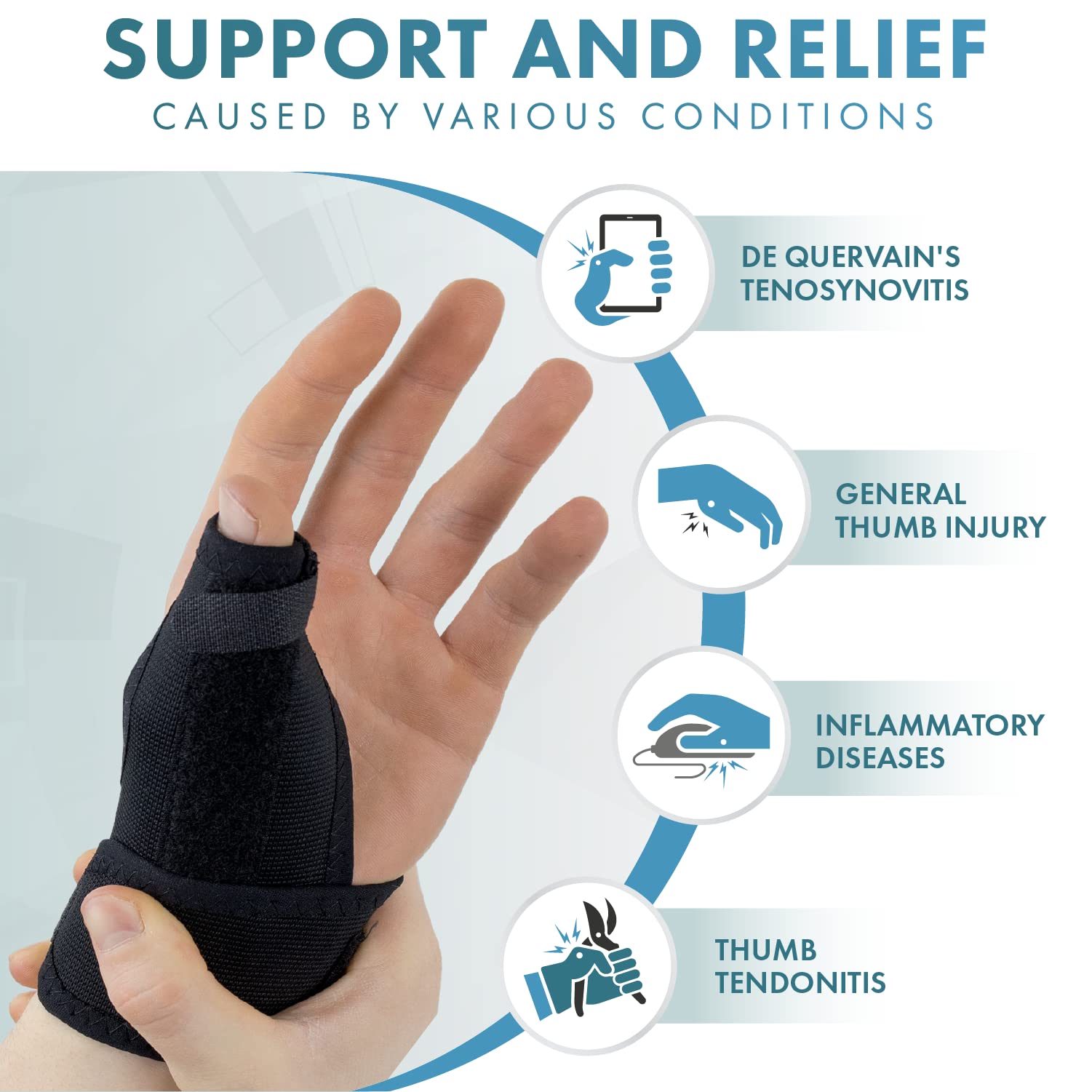 Actesso Elastic Thumb Support Brace - Thumb Splint for Thumb Injury, Tendonitis, De Quervain's, and Sprains. Left or Right Available (One Size, Left)