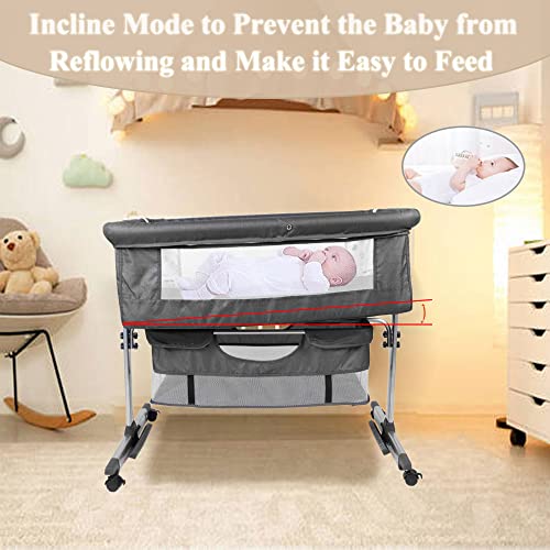Kaptin Baby Bassinet Bedside Crib, Bedside Sleeper for Baby, Heigt Adjustable Crib with Wheels, Easy Folding Portable Baby Cradle with Large Storage Basket, for Infant/Baby/New Born (Grey)