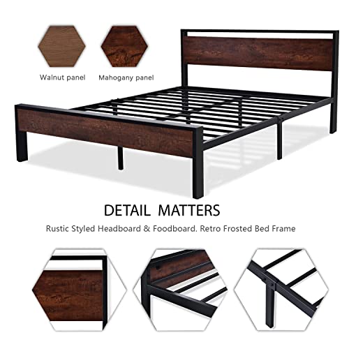 SHA CERLIN 14 Inch King Size Metal Platform Bed Frame with Wooden Headboard and Footboard, Mattress Foundation, No Box Spring Needed, Large Under Bed Storage, Non-Slip Without Noise, Mahogany