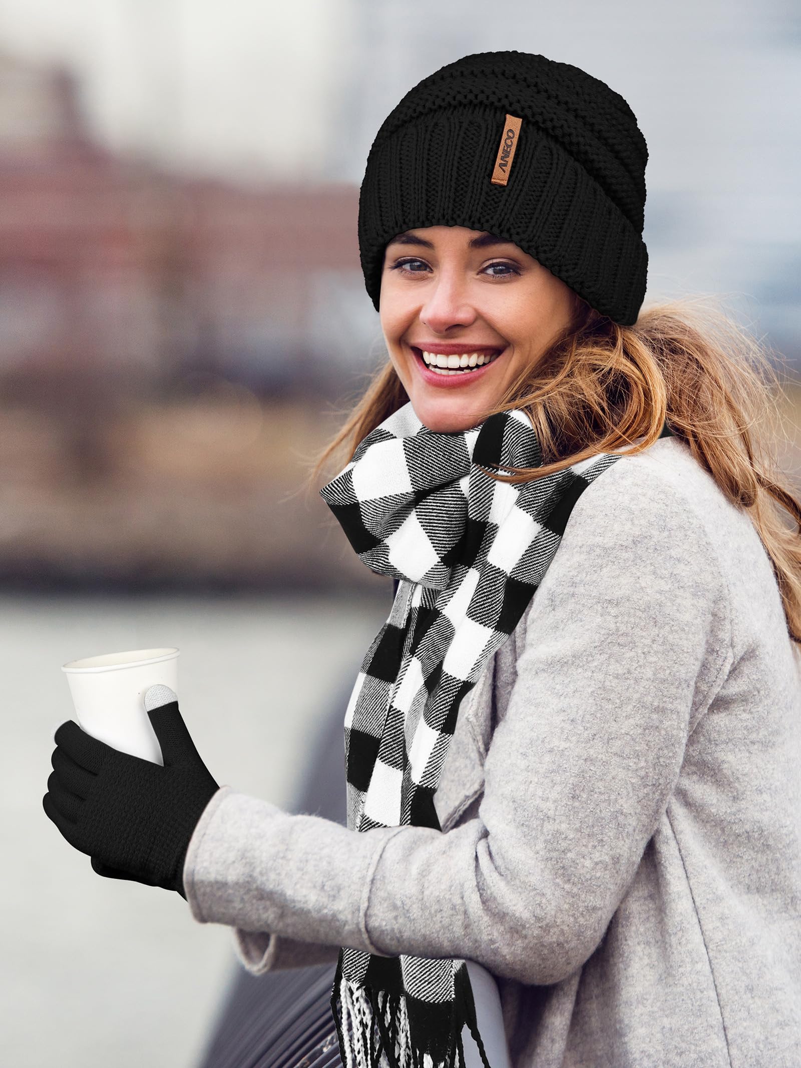 Aneco Winter Warm Knitted Scarf Beanie Hat and Gloves Set Men & Women's Soft Stretch Hat Scarf and Mitten Set