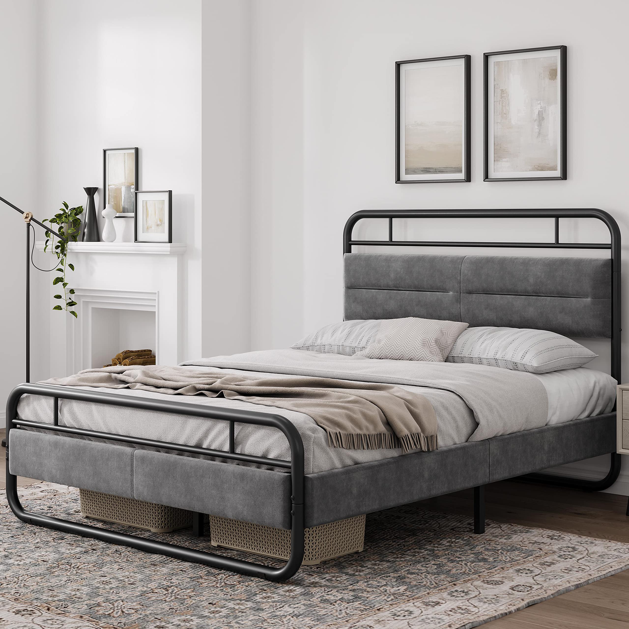 Yaheetech Full Bed Frame Heavy Duty Metal Bed with Curved Upholstered Headboard, 8.7 Inch Under-Bed Storage/Steel Slats Support/Noise Free/No Box Spring Needed/Easy Assembly/Dark Grey Full Bed