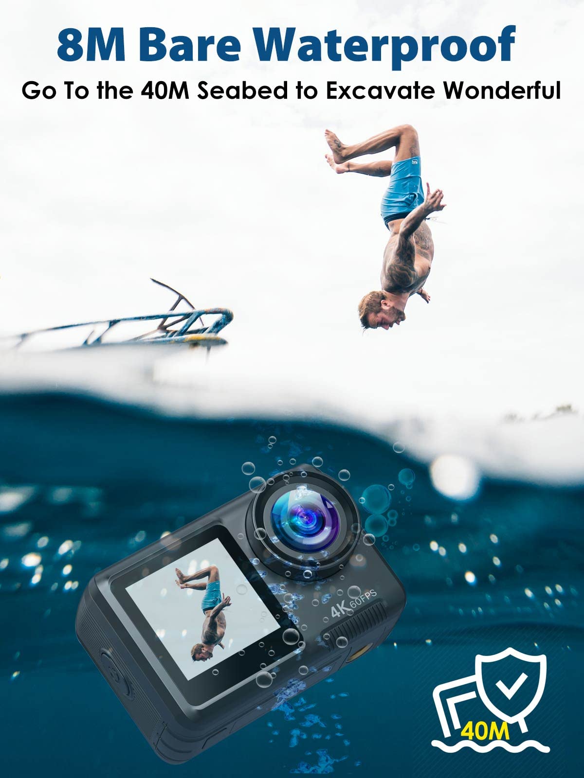 Action Camera 4K 60FPS Dual-Screen 8M Bare Waterproof 40M Waterproof Underwater Camera with Touch Screen,EIS Vlog Camera Camcorder with 2 * 1350mAh Batteries and Mounting Accessories Kit