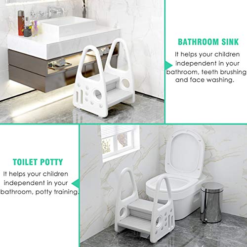 KATARUS Toddler Step Stool for Kids Two Step Standing Tower for Kitchen Counter, Bathroom Sink & Toilet Potty Training, Children Step Ladder Learning Helper with Handles and Safety Non-Slip Pads, Grey