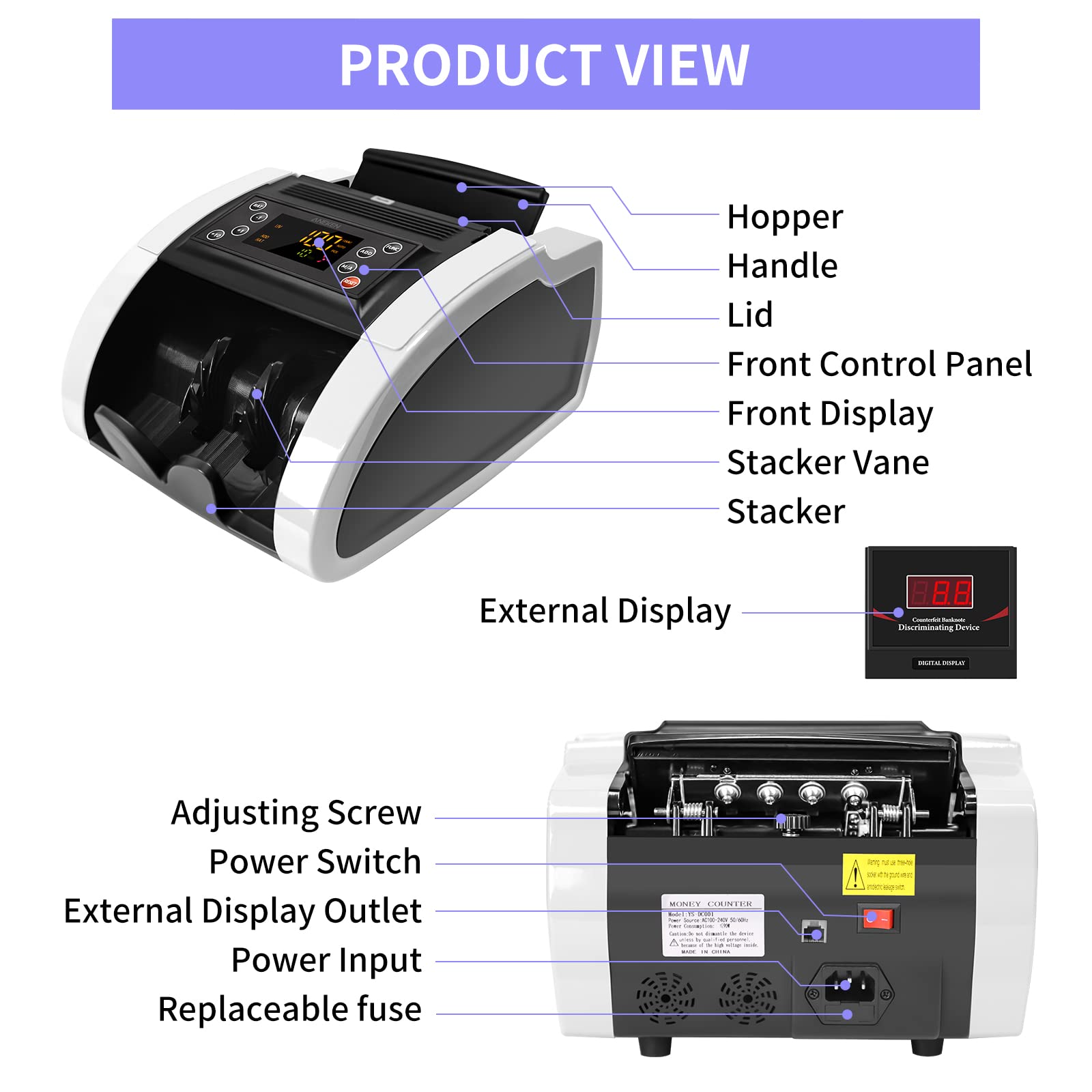 Aneken Money Counter Machine with UV/MG/IR/DBL/HLF/CHN Counterfeit Detection, USA/EUR Portable Bill Counting Machine, Bill Counter with LED External Display, Add&Batch Modes, 2-Year Warranty