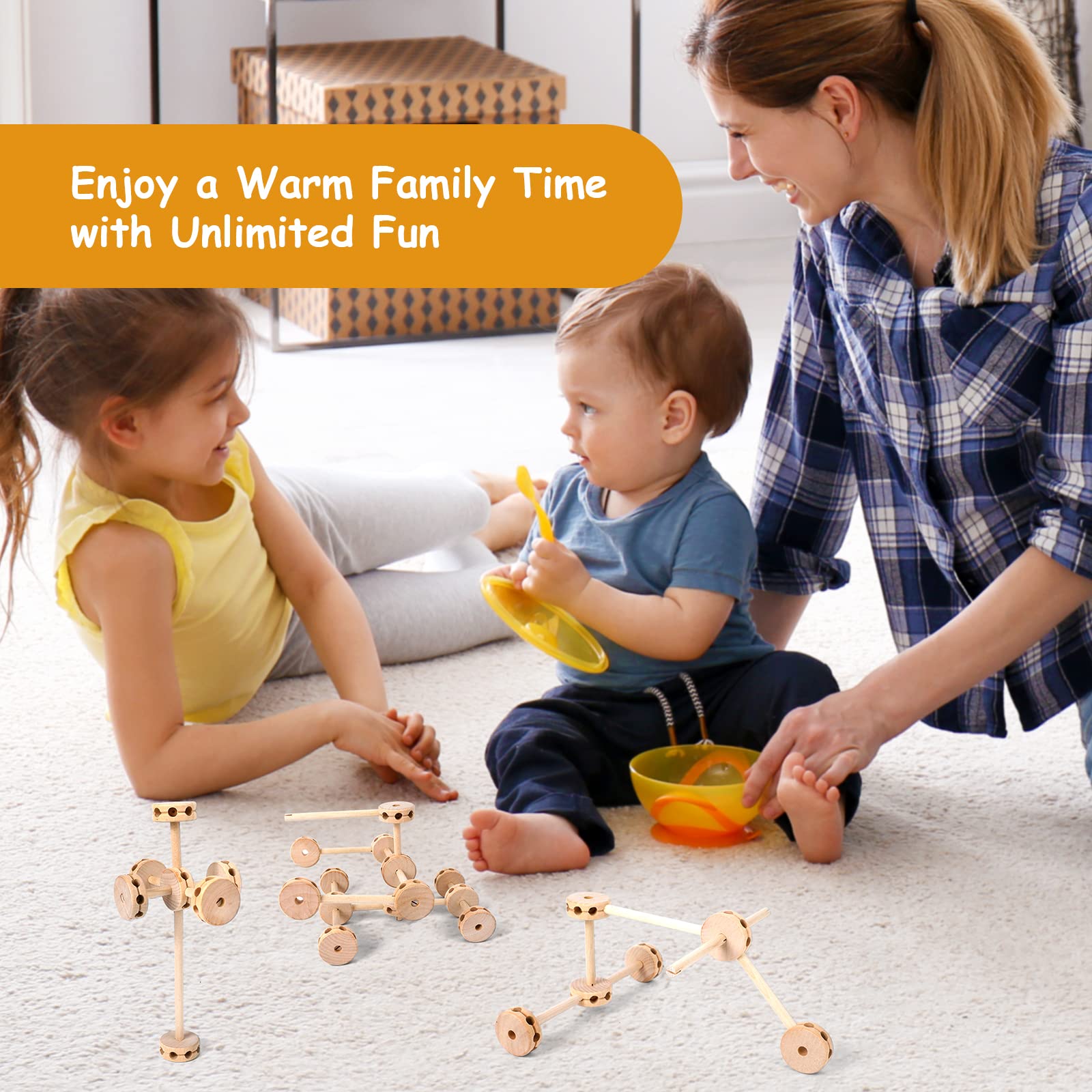 WODI Wooden Building Blocks,60 PCS Tiny Educational Natural Wood Stem Toys, DIY Wooden Blocks Splicing, Montessori Building Blocks Building Blocks for Kids Ages 4-8 to Create Various Shapes
