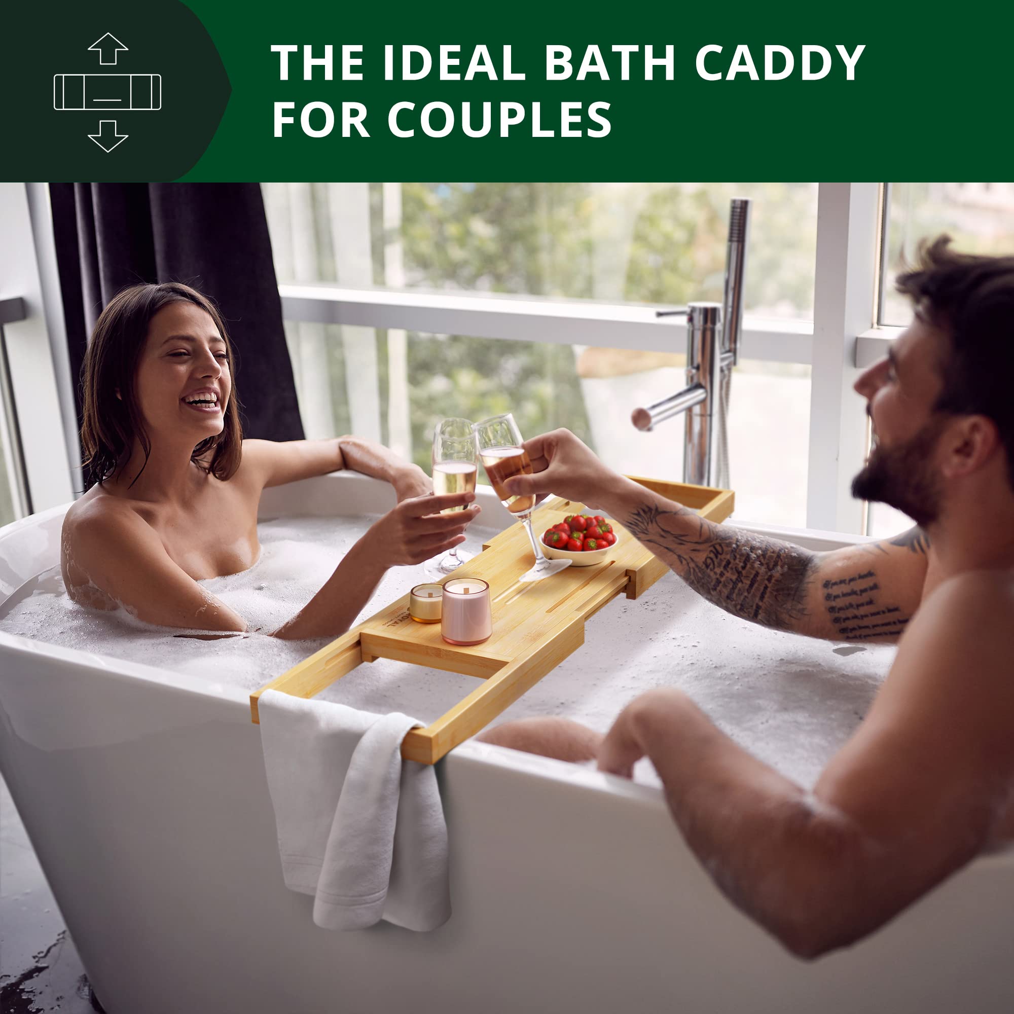 Bathroom Caddy Organizer & Bathtub Tray - Expandable Bamboo Bath Caddy with Wine, Book & Tablet Holder - Luxurious Bath Accessories