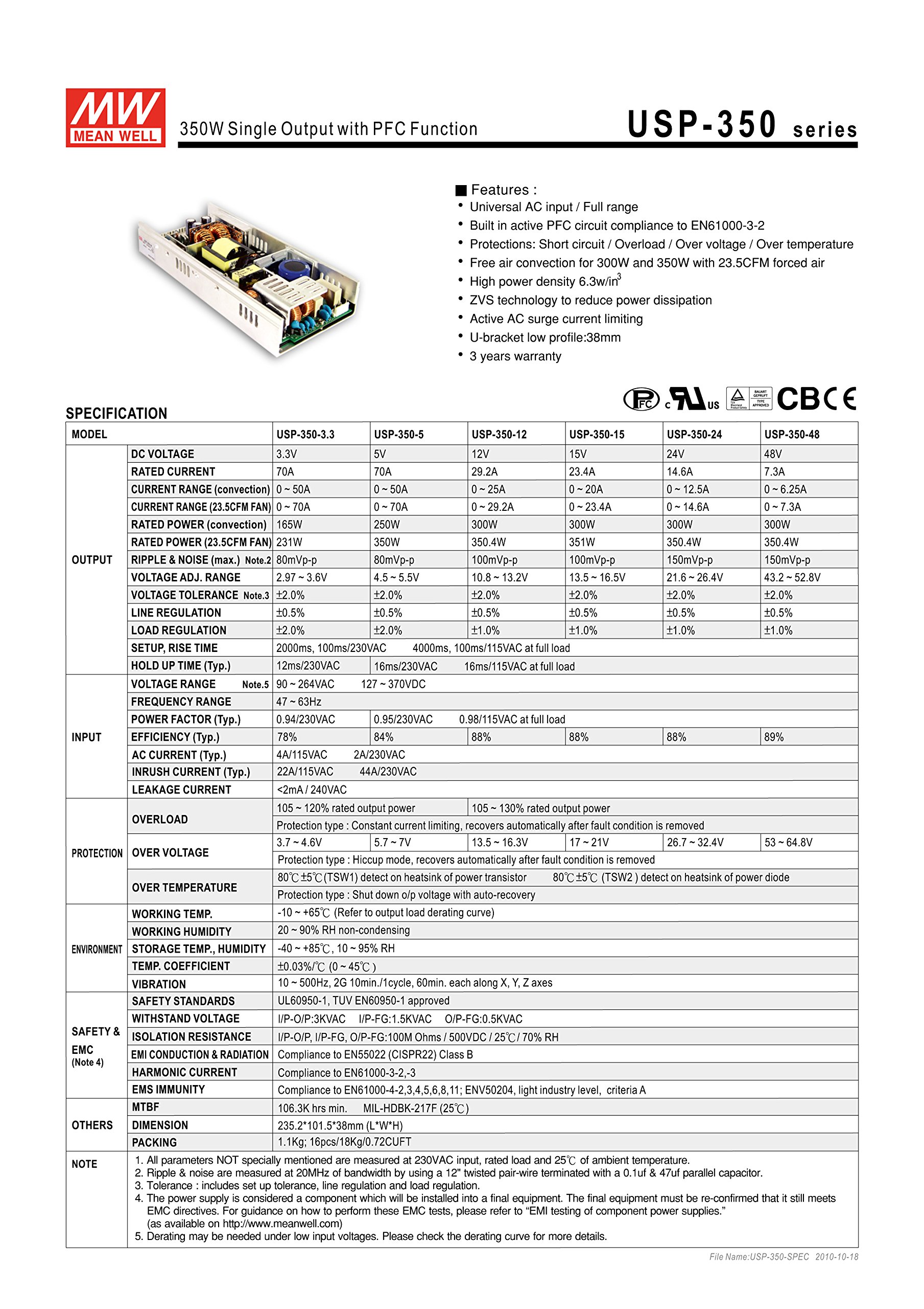 MW Mean Well USP-350-24 24V 14.6A U-bracket Switching Power Supplies
