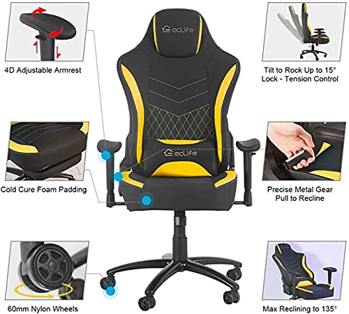 Gaming Chair Racing Massage Computer Chair - Cushioned Comfort High Back PU Leather USB Vibrator Ergonomic Recliner Home Office Video Game for Kids for Gift (Yellow, D06-M)