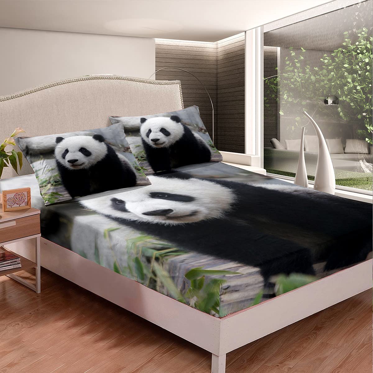 Panda Fitted Sheet for Girls Boys Children Cute Animal Pattern Bedding Set Decorative Panda Bear Printed Bed Sheet Set Bed Cover Wild Cartoon Giant Panda Full Size 3Pcs
