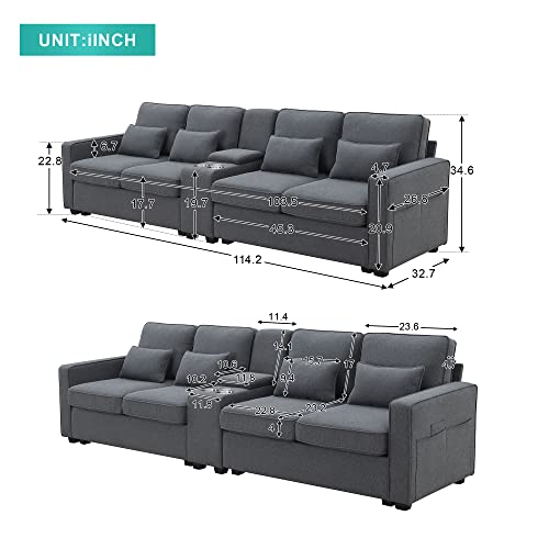 Ball & Cast 114.2" Linen Upholstered Sofa with Consoleand 2 USB Ports Wired or Wirelessly Charged,Modern 4-Seat Couches W/ 4 Pillows and Two Cupholders,for Living Room,Apartment,Dark Grey