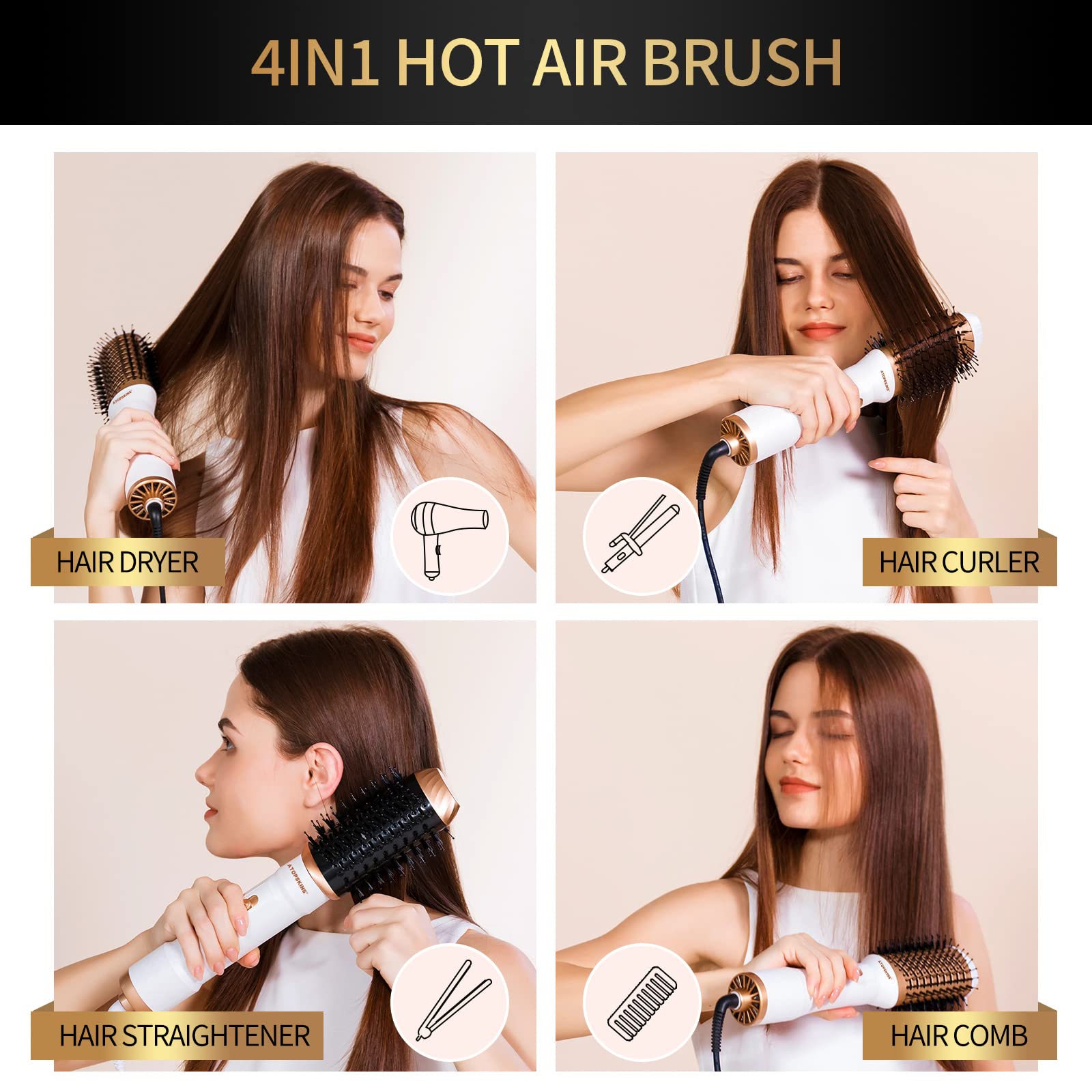 Atopskins 1000W Ionic Hair Dryer Brush, Black, 4 in 1 Functionality, Ceramic & Tourmaline Barrel, ALCI Safety Plug