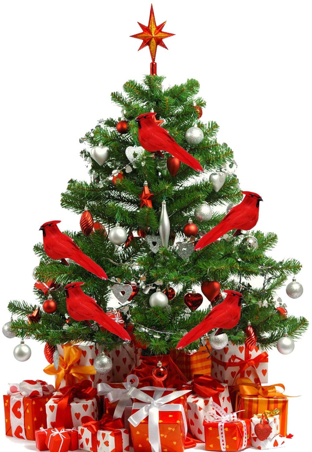 Christmas Cardinal Floral Red Artificial Feathered Birds on a Iron Wire Xmas Tree Ornaments Craft Decorations for Home Garden Wedding Decor Pack of 6