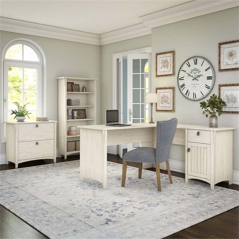 Bush Furniture Salinas 60W L Shaped Desk with Lateral File Cabinet and 5 Shelf Bookcase in Vintage Black