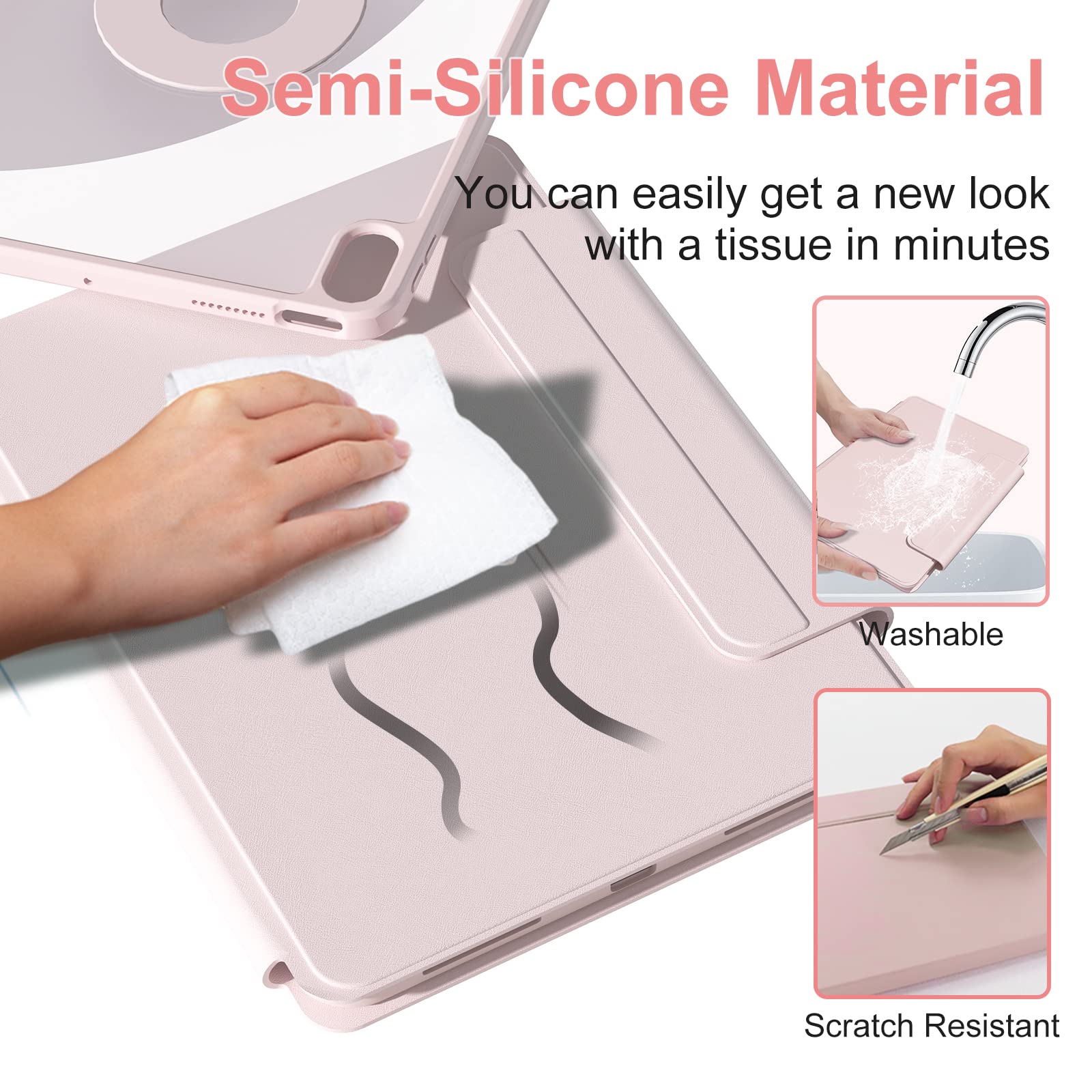 Case for iPad Air 5th/4th Generation 10.9 Inch 2022/2020,360 Rotatable with Powerful Magnet,2 in 1 Detachable Clear Case and Washable Semi-Silicone Protective Cover Smart Folio Support Pen Charger