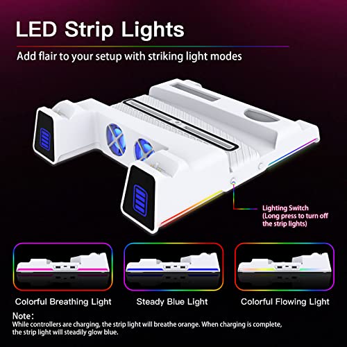 NexiGo PS5 Slient Cooling Stand with RGB LED Light, Dual Charging Station Compatible with DualSense Edge Controller, Hard Drive Slot, Headset and Remote Holders, 10 Game Slots, White