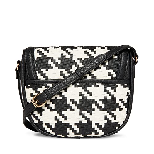 Anne Klein Woven Houndstooth Curved Flap Crossbody, Black-White Weave/Black