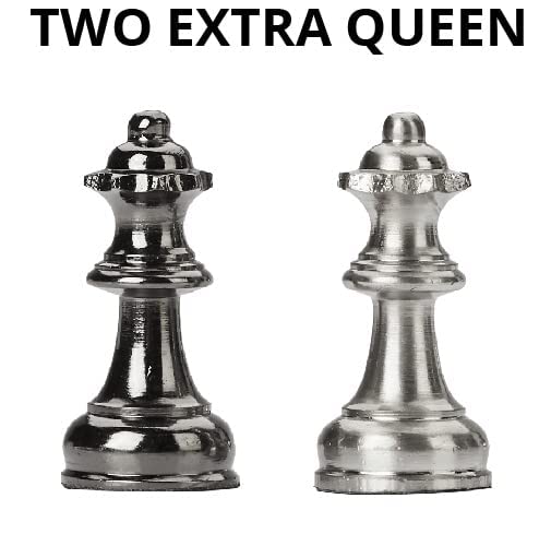 IWIS GLOBAL Chess Pieces Only No Board, 32 Large Quadruple Weighted Metal Chess Pieces with 2 Extra Queen, 2.6β King Heavy Piece, Chrome Silver-Metallic Black in Unique Gift Storage Box