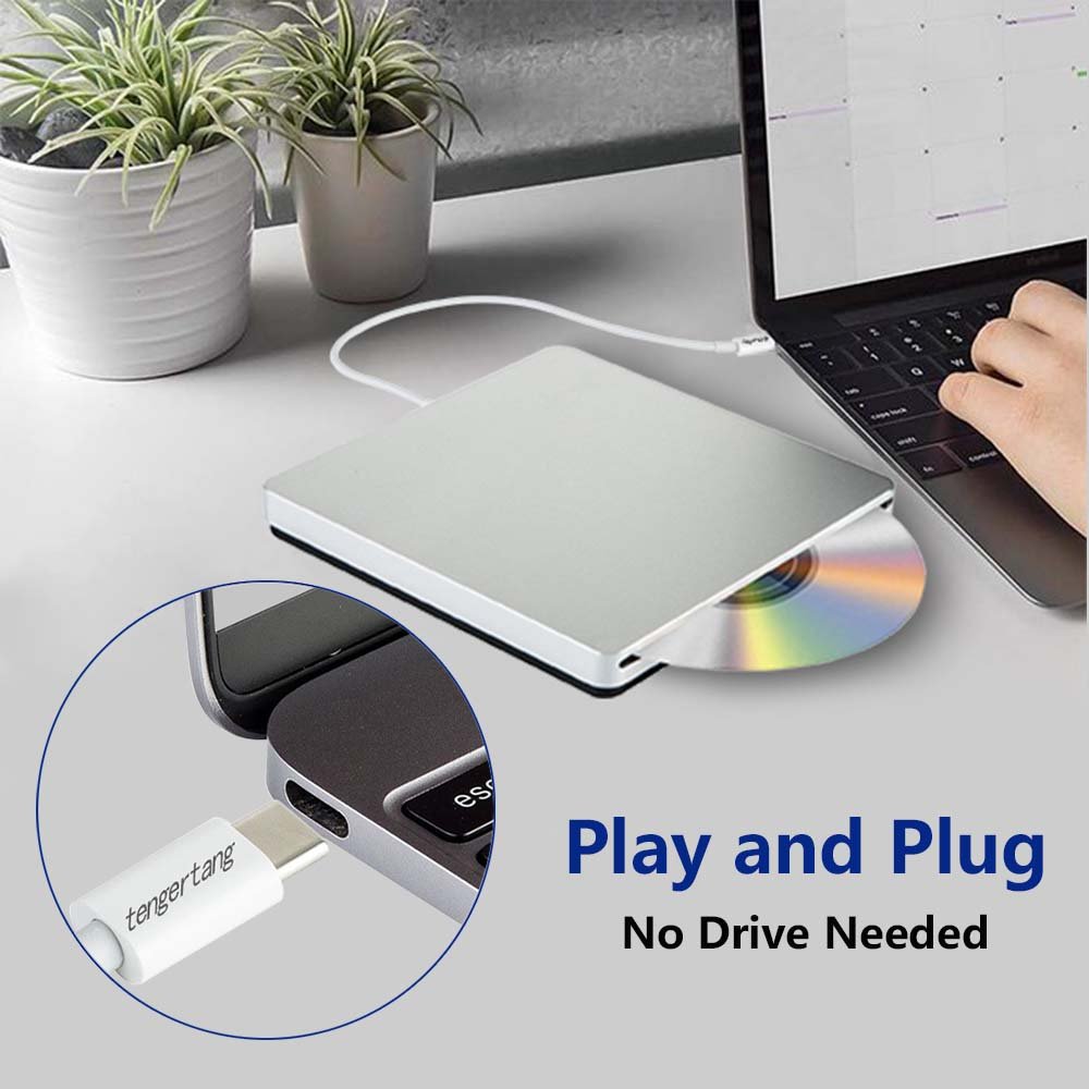 tengertang USB-c Super External Drive, Portable External CD/DVD-rw Writer/Player/Burner for The Latest MacBook/asus/asus/dell Latitude/MacBook Pro (Silver)
