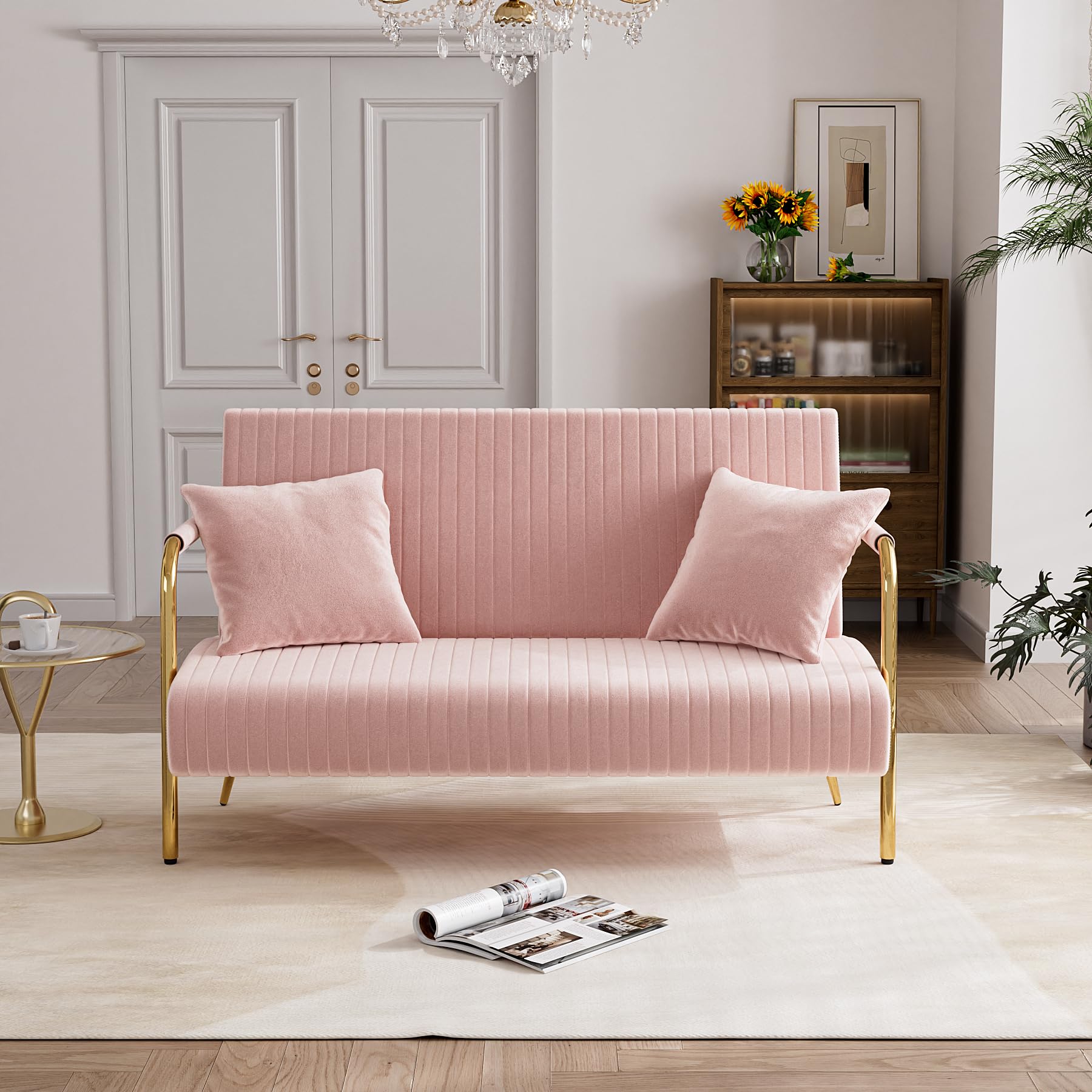 OUYESSIR Loveseat Small Sofa Couch, 59" Love Seat Settee 2 Seater Upholstered Sofa with 2 Pillows for Small Space Living Room Office Apartment (Pink, Velvet)