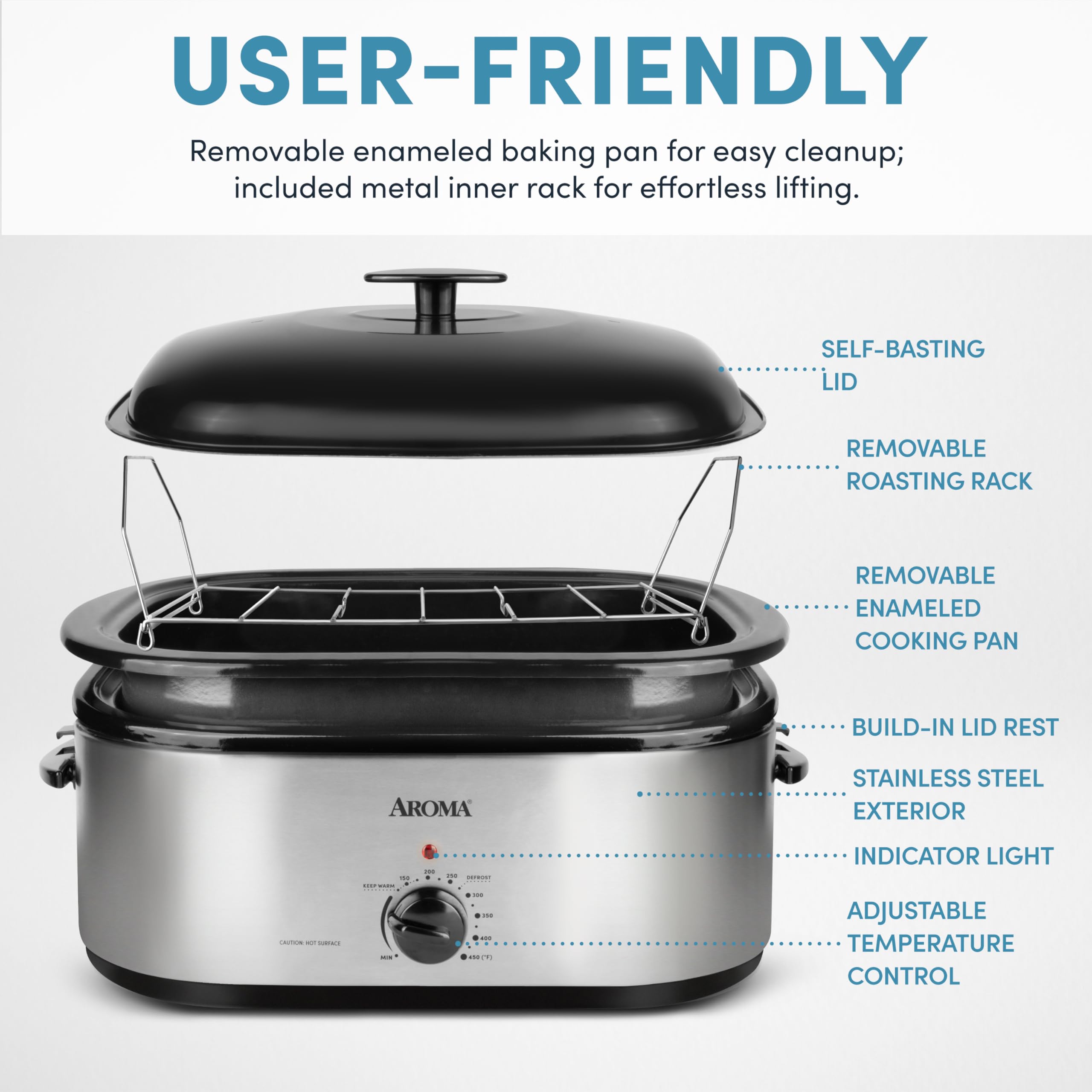 AROMA® 20Qt. Roaster Oven with Self-Basting Lid, Fits 24-lb. Turkey, Adjustable Temperature Settings, Keep Warm Setting, Stainless Steel (ART-720S)