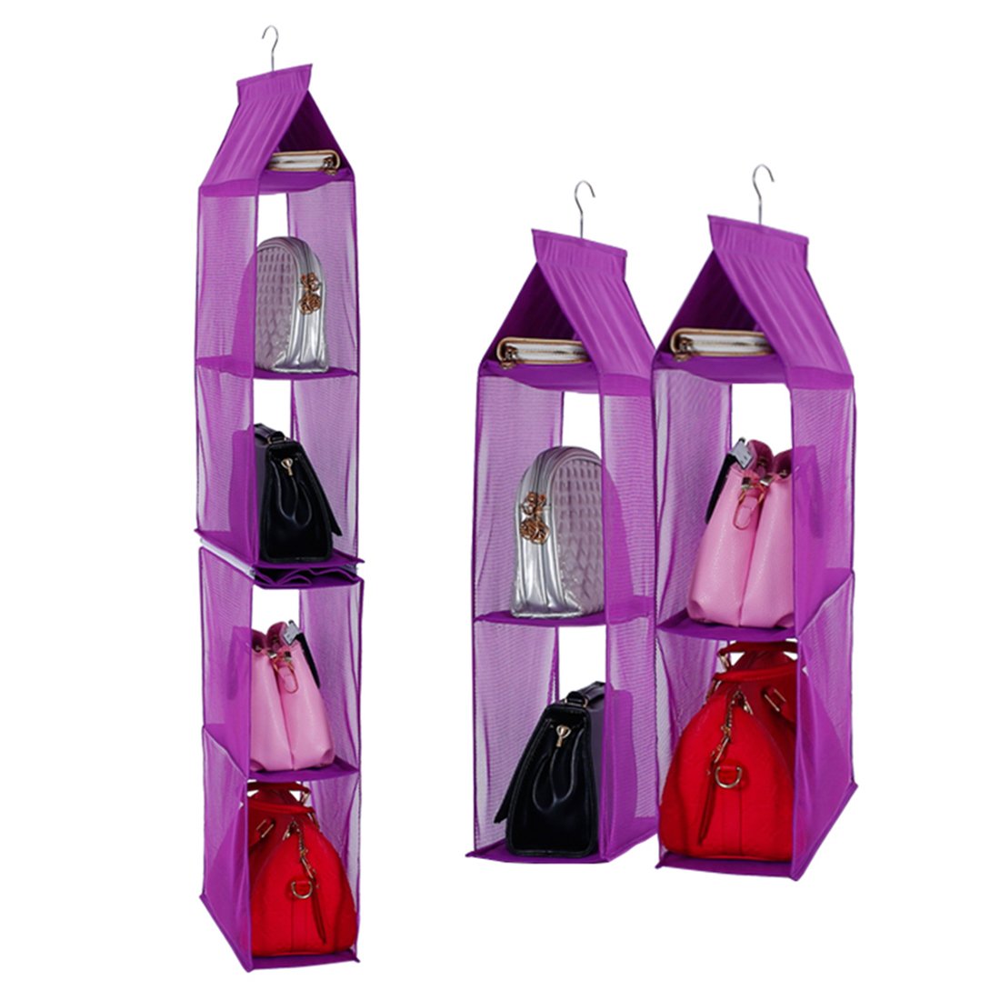 Detachable 4 Compartment Organizer Pouch Hanging Handbag Organizer Clear Purse Bag Collection Storage Holder Wardrobe Closet Space Saving Organizers System for Living Room Bedroom Home Use (Purple)