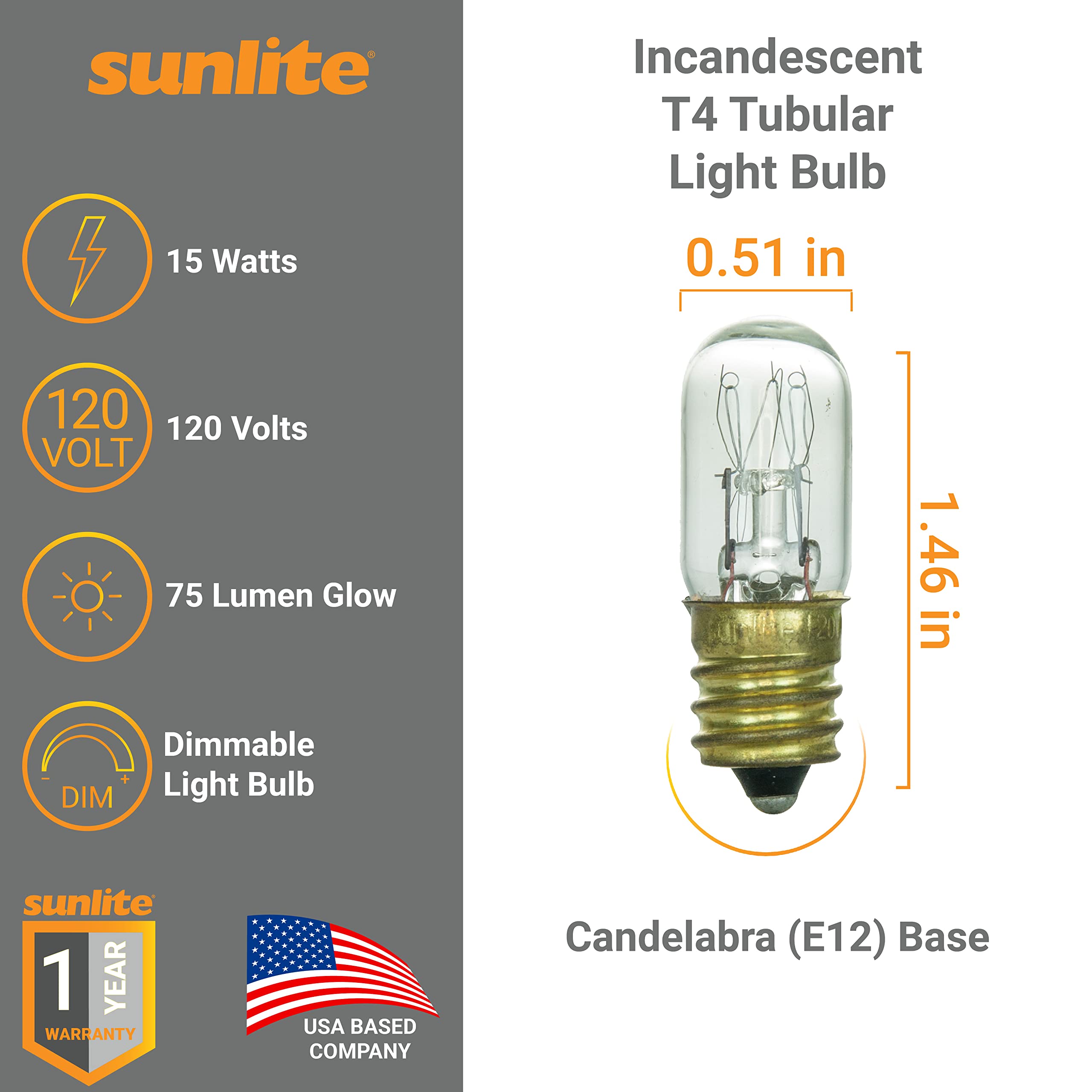 Sunlite 41717 Incandescent T4 Tubular Light Bulb, 15 Watts, 75 Lumens, Candelabra E12 Base, Dimmable, 2000 Hour Life Span, 2600K Warm White, 10 Count