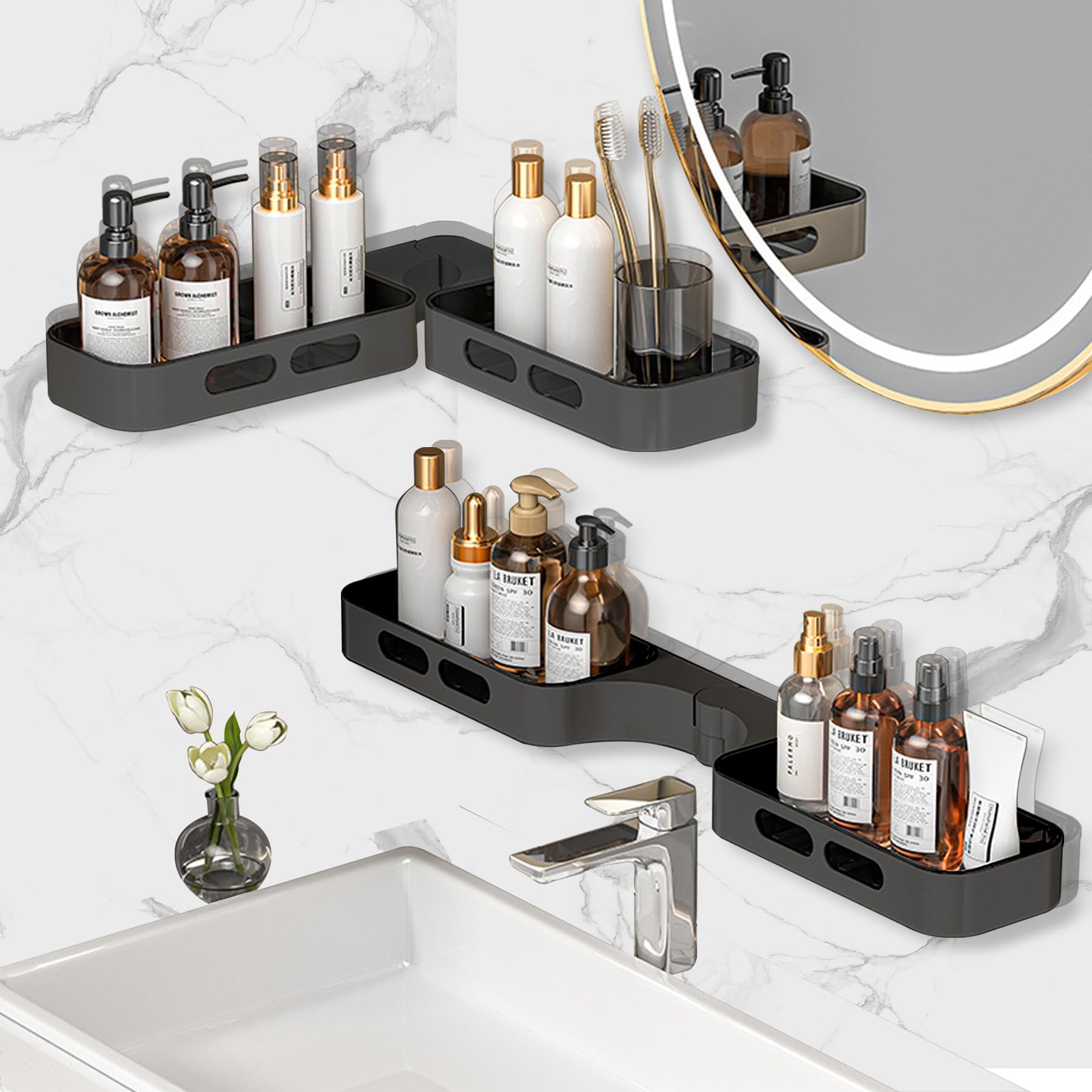 Bathroom Shower Organizer Corner, Adhesive Shower Caddy, Bathroom Shelves Wall Mounted, Rotating Bath Counter Organizer for Inside Shower, No Drilling Rack for Bathroom Storage & Home Decor (Grey)