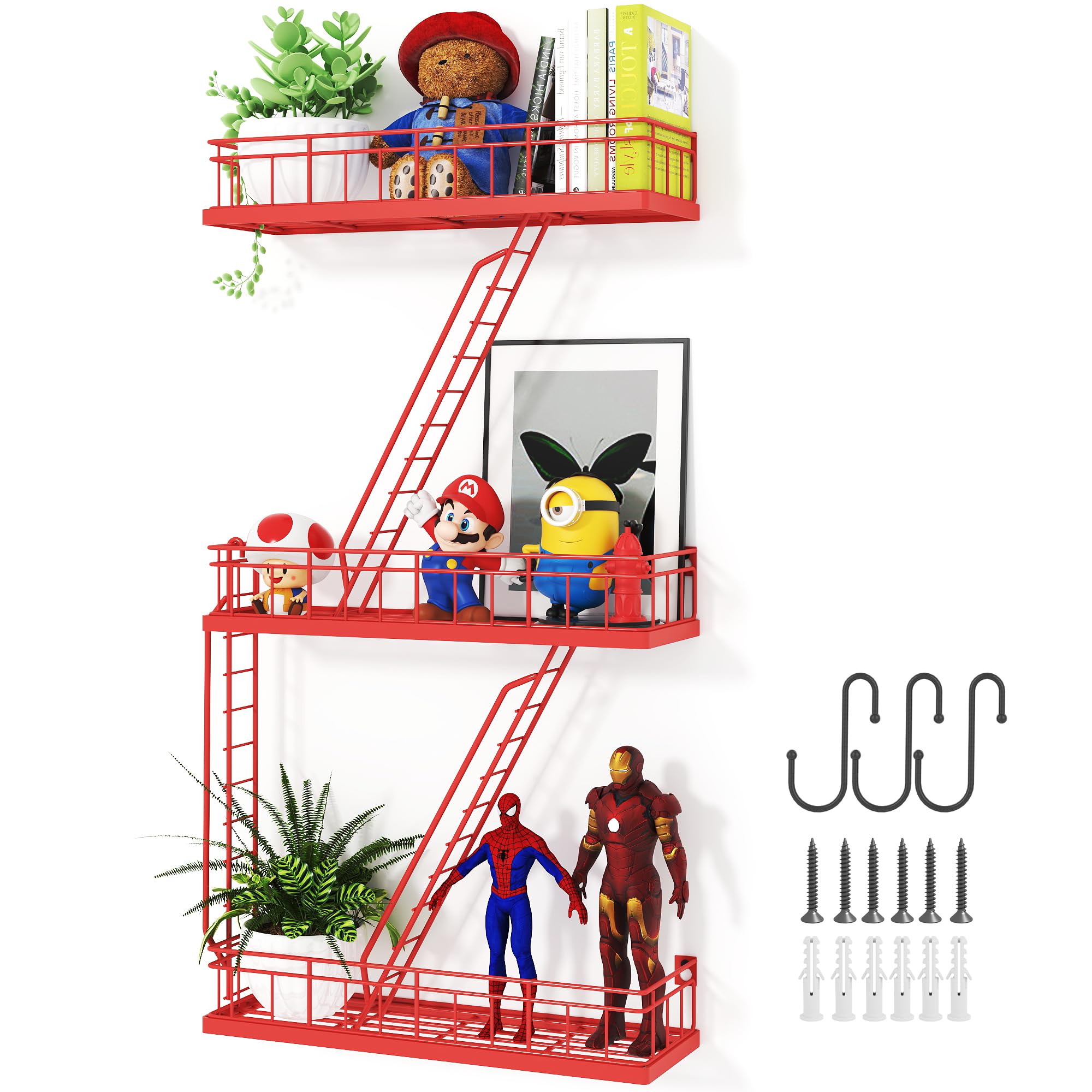 Beskadi Fire Escape Wall Shelf Red, Fire Escape Ladder 3 Story Shelf Wall Storage, New York Inspired Cool Bookshelf Metal Shelves, New York Action Figurine Display Shelf for Bathroom, Living Room.