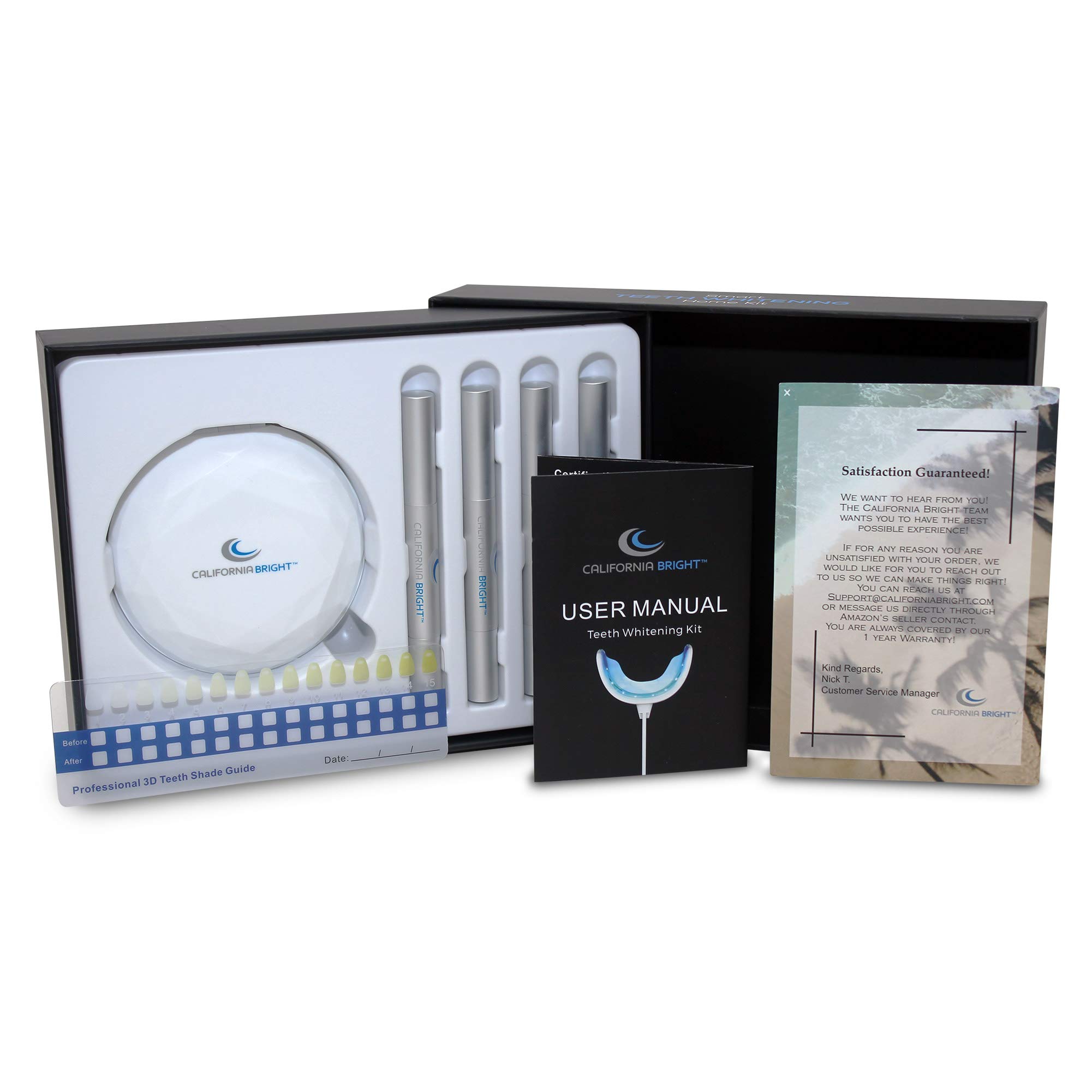 California Bright Smart Teeth Whitening Home Kit with 16X LED Light Mouthpiece, 4 Whitening Gel Pens, Portable Case and Dental Shade Guide – Smartphone & USB Compatible