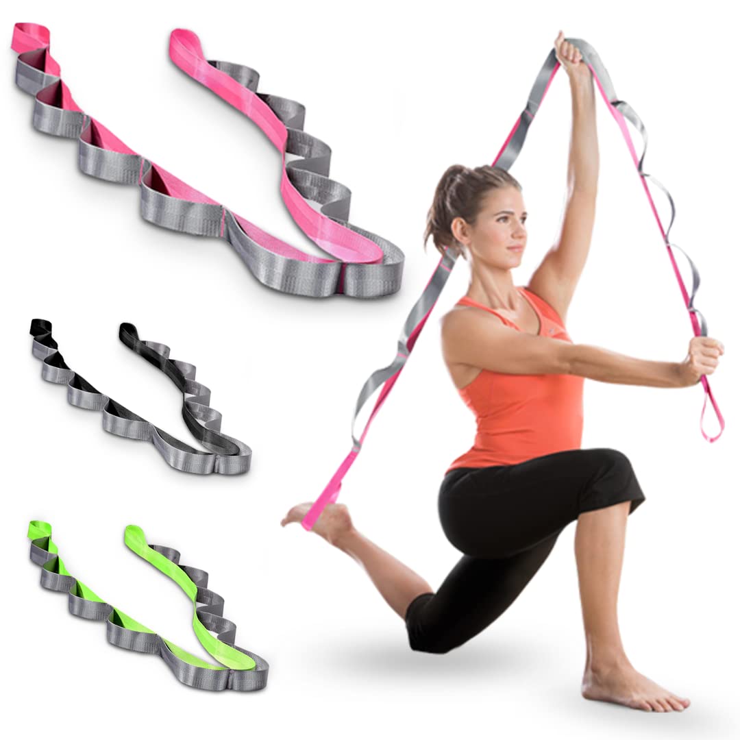 Acupoint Yoga Stretching Strap with Loops - 12- Loop Exercise Strap for Physical Therapy, Flexibility, Pilates, Dance, Gymnastics, Recovery, Workout - Non-Elastic Premium Nylon Stretch Band (Pink)