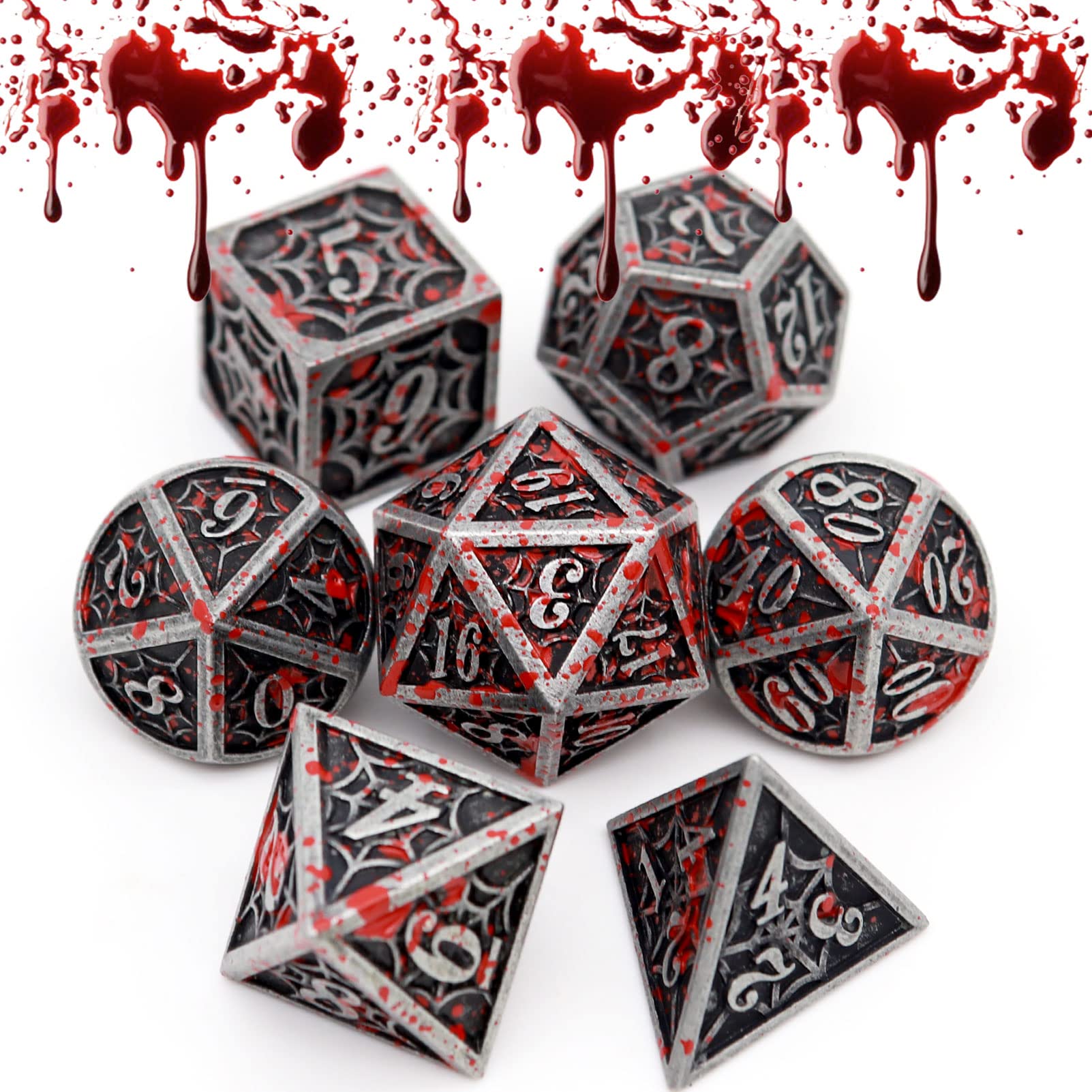Haxtec Blood Splatter Metal DND Dice Set W/Gift Leather Dice Bag Bloodstained D&D Dice Spider Web Pattern Polyhedral Dice for Dungeons and Dragons TTRPG Games