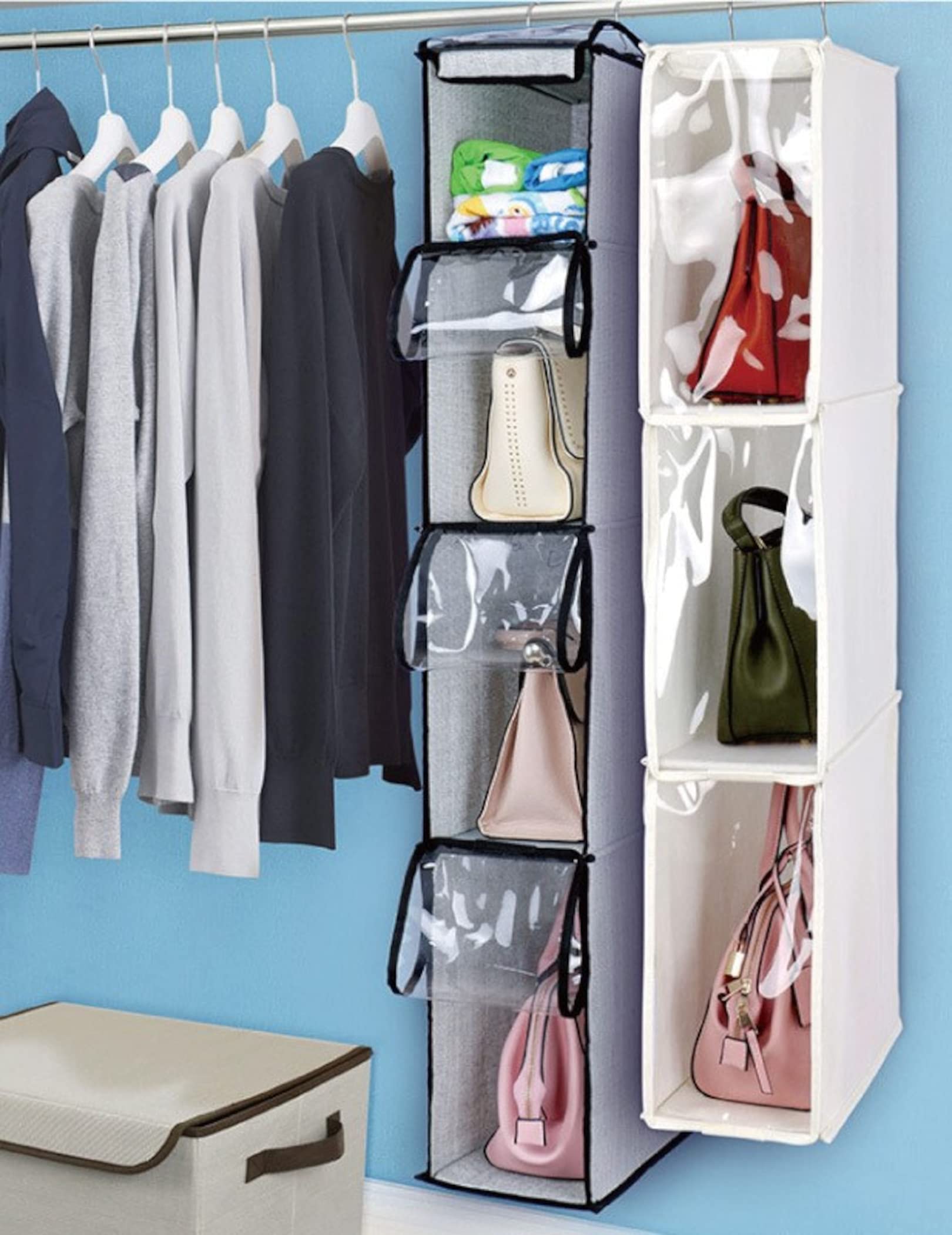 Japarismo Hanging Handbag Purse Closet Organizer Dust Shield Storage Systems Clothing Accessories Rack Dustproof Cover Shelves (Light Gray, 3 Shelves)