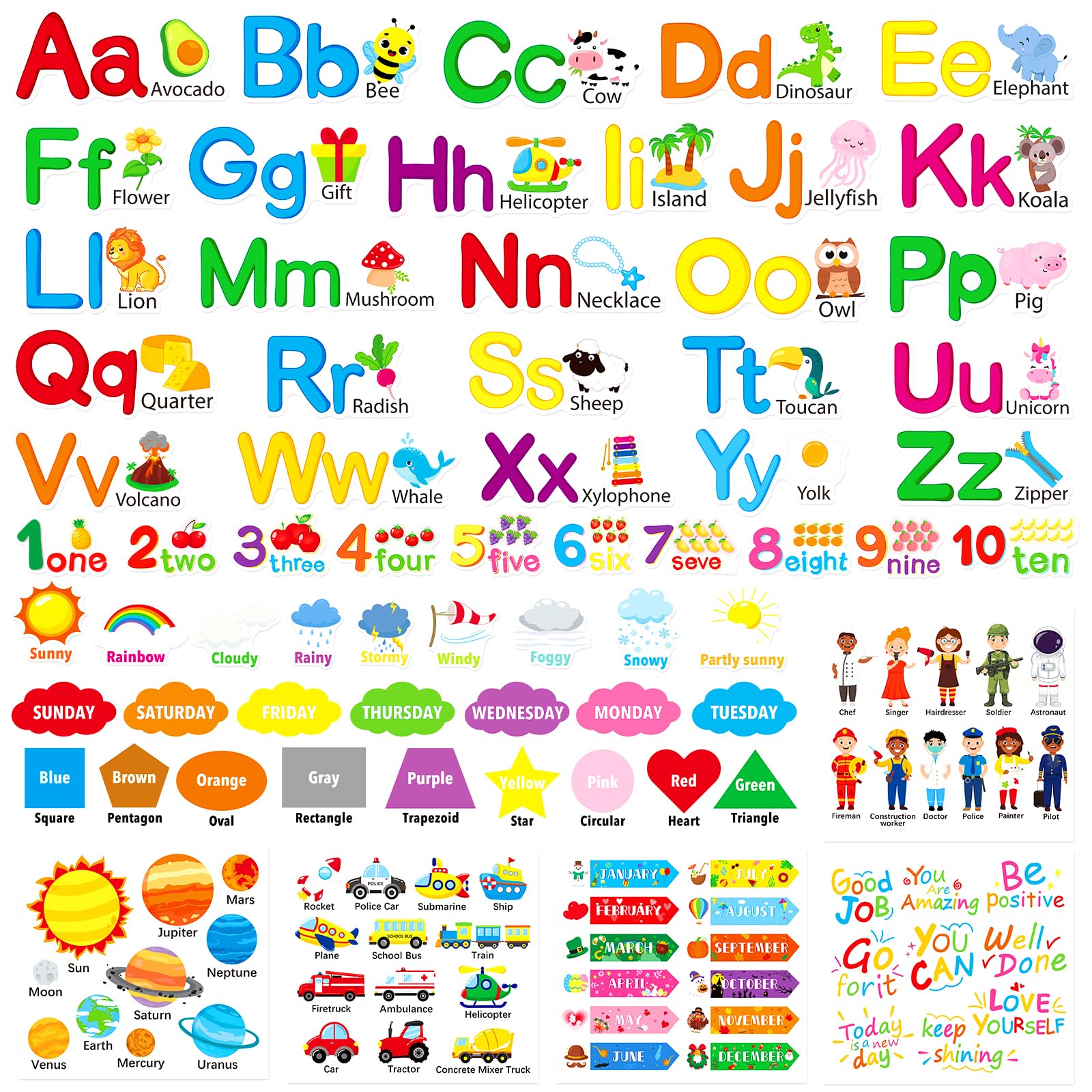 Alphabet Wall Decals for Kids Room ABC Letter Classroom Educational Learning Stickers for Kids Animal Number Wall Decor Peel and Stick Wall Stickers Decals for Bedroom Playroom Wall Decals 12 Sheets