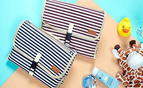 Simple Being Portable Changing Pad, Travel Diaper Canvas Clutch Mat, Diaper Bag Essential with Storage Pockets for Wipes and a Supportive Foam Head Pillow Padding (Red Stripe)